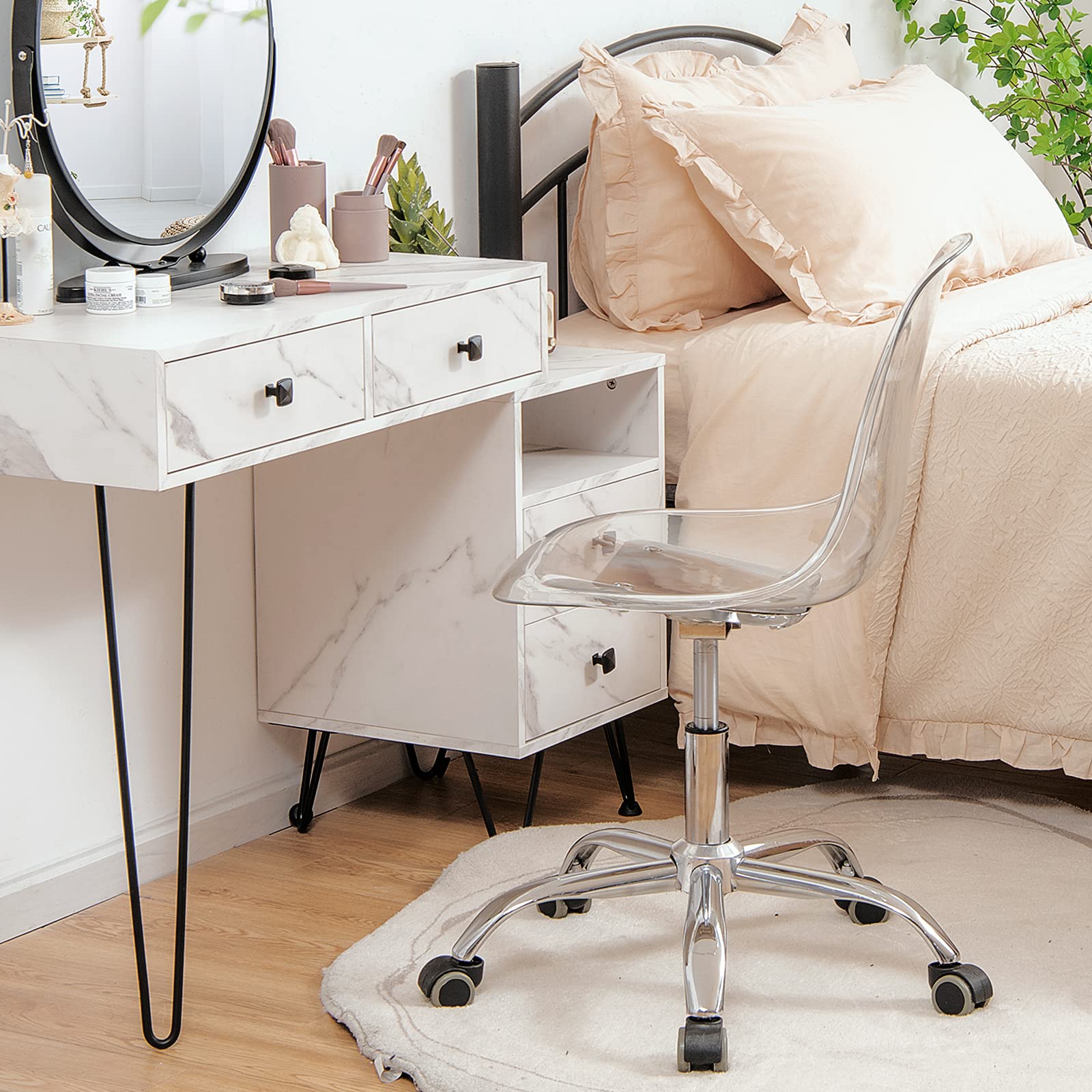 Giantex Acrylic Desk Chair, Clear Armless Office Rolling Chair, Height Adjustable Leisure Ghost Chair w/Chromed Base, Modern Cute Vanity Chair, Swivel Computer Chair for Home Office