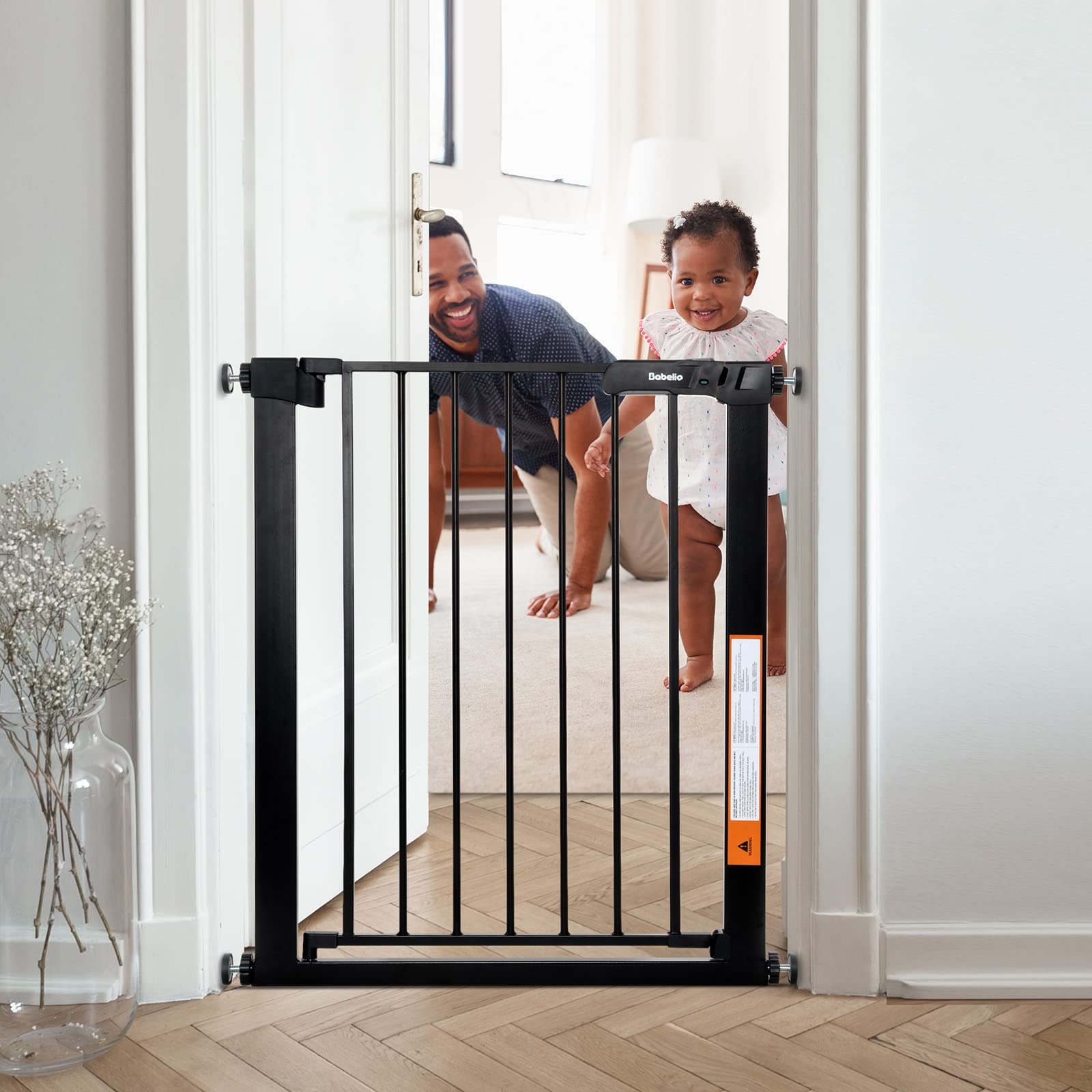 BABELIO 26-34.5 Inch Easy Install Narrow Pressure Mounted Metal Baby Gate, No Drilling, No Tools Required, with Wall Protectors and Extenders (Black)