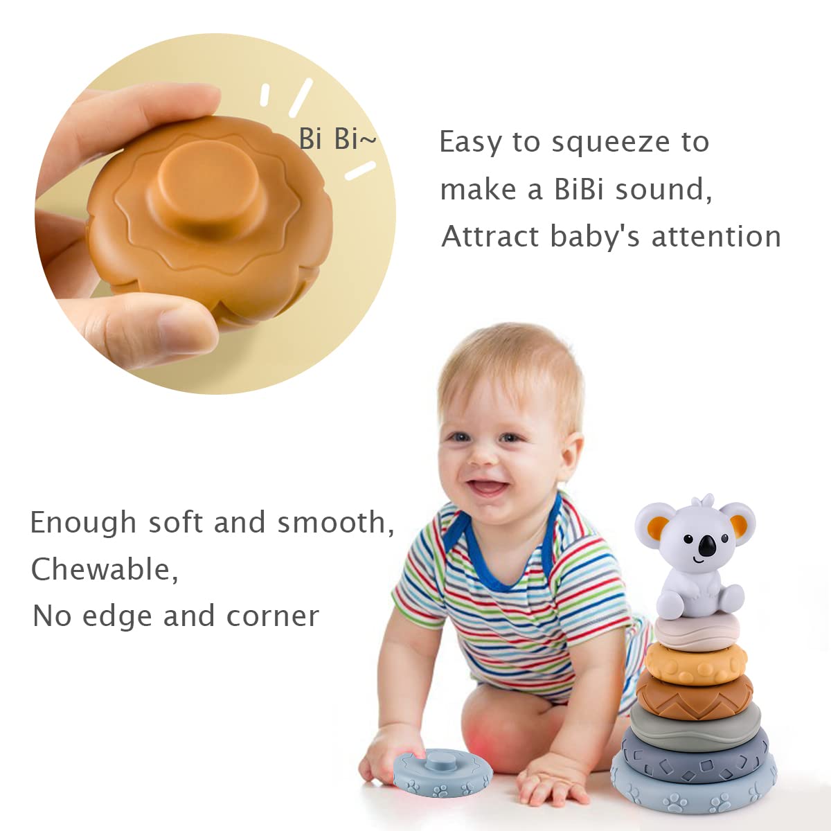 KOESMG 7 PCS Stacking Nesting Circle Toy, Soft Squeeze Building Blocks Sensory Toys, Early Learning Color & Pattern Montessori Toys for 6 8 12 Months Toddlers