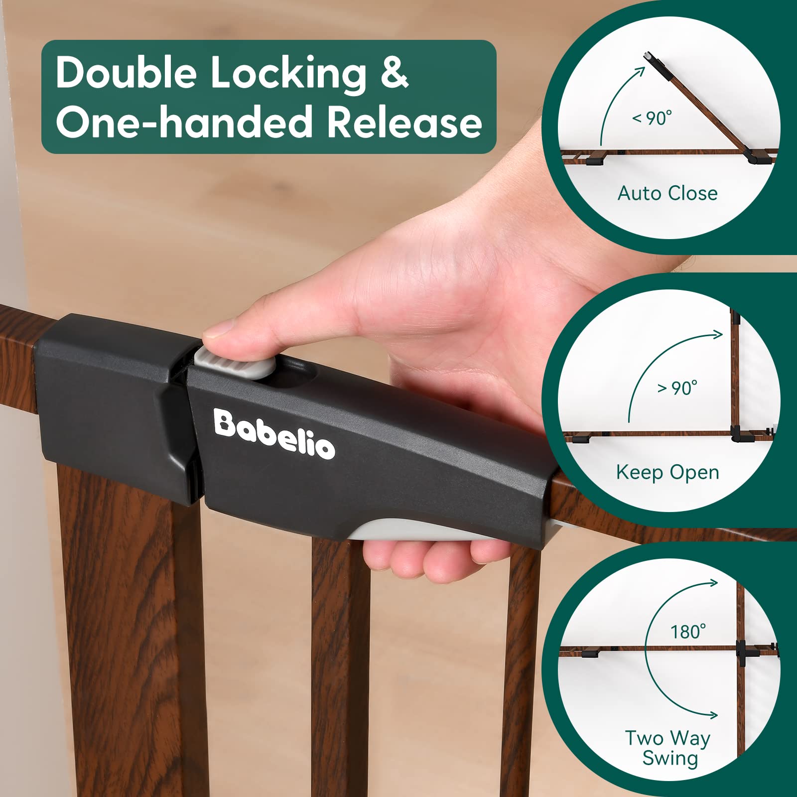 BABELIO 29-46 Inch Pressure Mounted Metal Baby Gate with Vintage Dark Brown Wood Pattern, Easy Install, No Drilling, No Tools Required, with Wall Protectors and Extenders