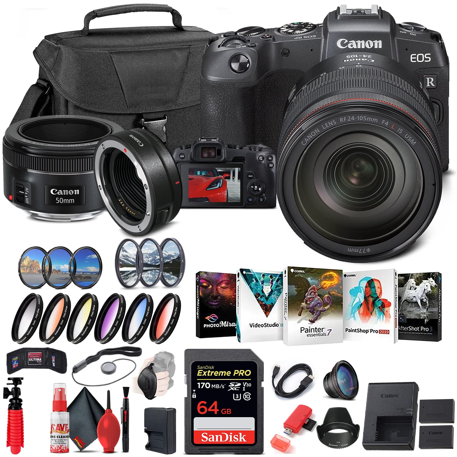 Canon EOS RP Mirrorless Digital Camera with 24-105mm Lens (3380C012) + Canon EF 50mm Lens + Mount Adapter EF-EOS R + 64GB Memory Card + Color Filter Kit + Case + Filter + More (Renewed)