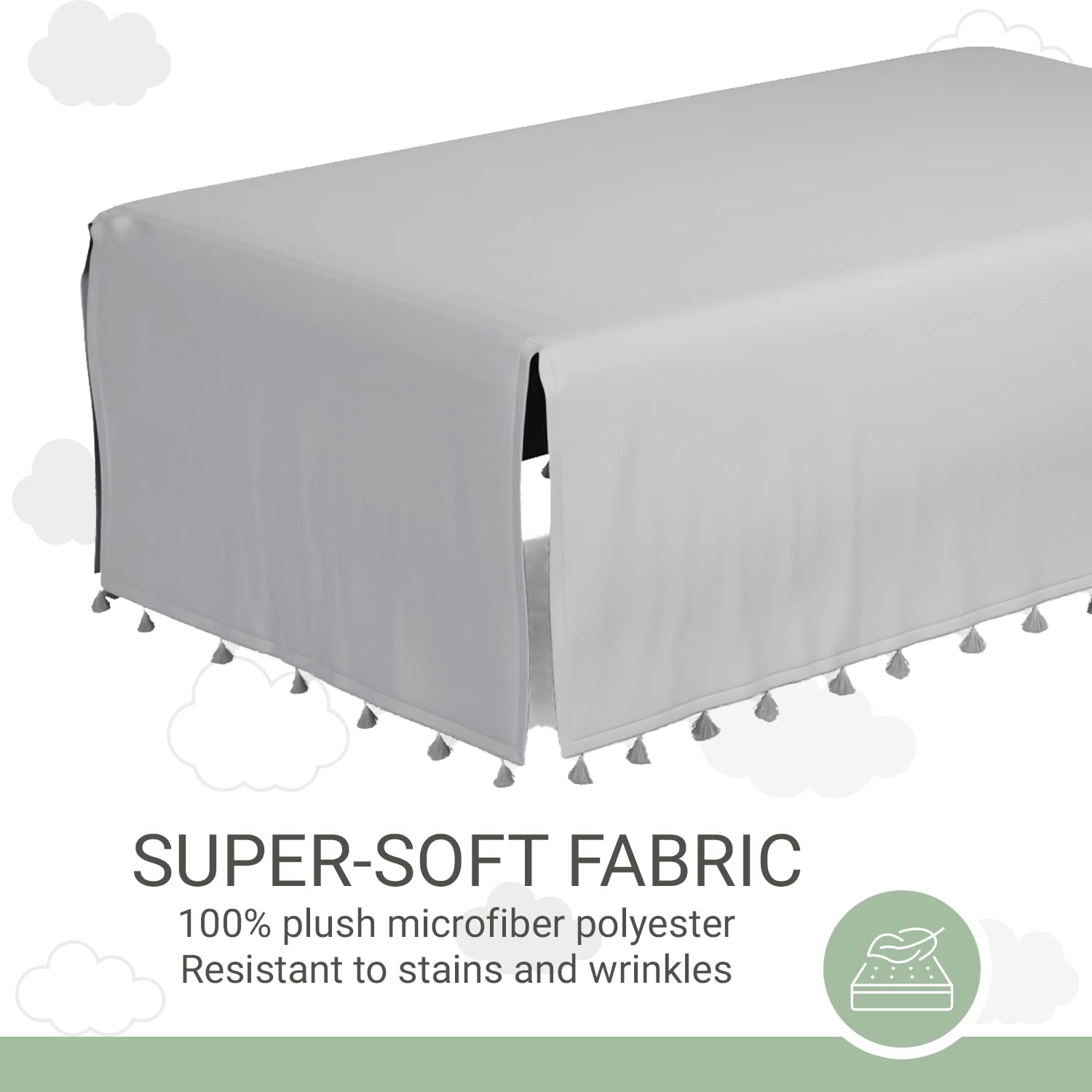 Tadpoles Crib Skirt with Tassel | 28" x 52" with a 14" Drop | Made of 100% Softly Brushed Microfiber Polyester | Easy to Care for | Soft, Smooth, Breathable & Durable | Ideal for Babies | Grey