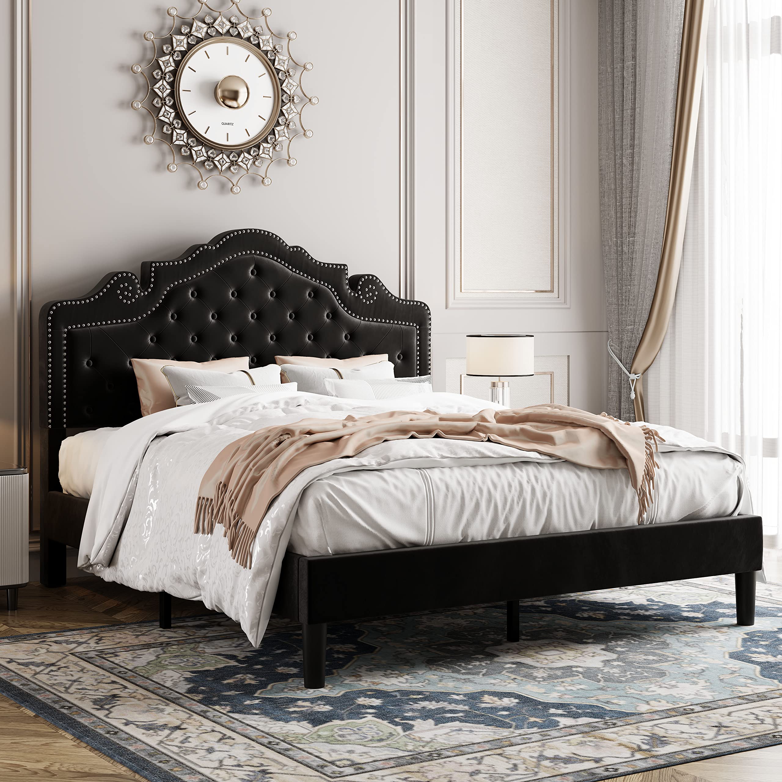 Allewie Queen Bed Frame with Velvet Tiara Headboard, Upholstered Diamond Button Tufted Platform Bed, Sturdy Wood Slats Support, No Box Spring Needed, Mattress Foundation, Easy Assembly, Black