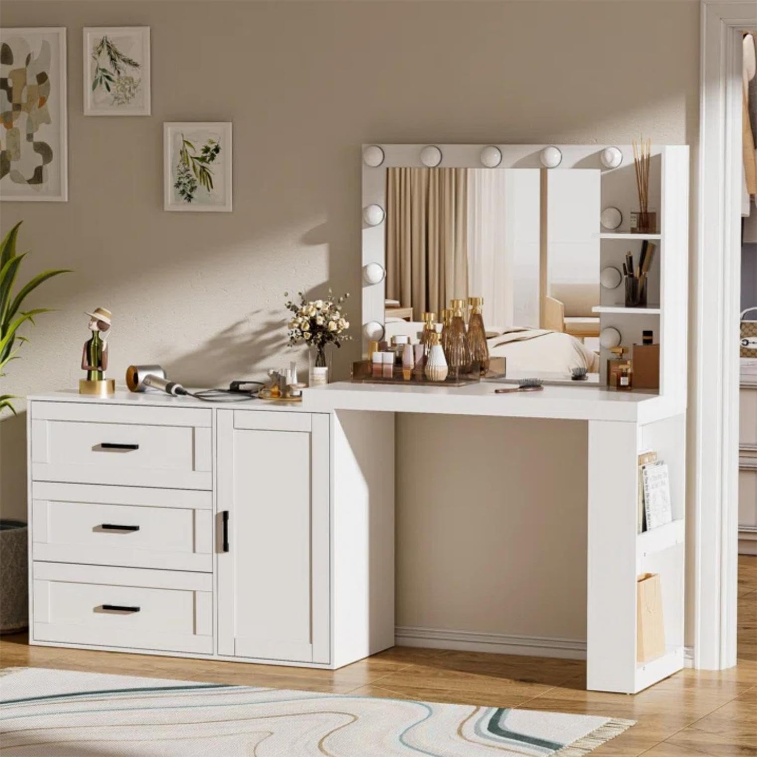 PAKASEPT Vanity Desk with Mirror and Lights, Makeup Vanities with Charging Station, White Vanity with 3 Color Lighting, Drawers, Hidden and Open Shelves, Girls Dressing Table for Bedroom