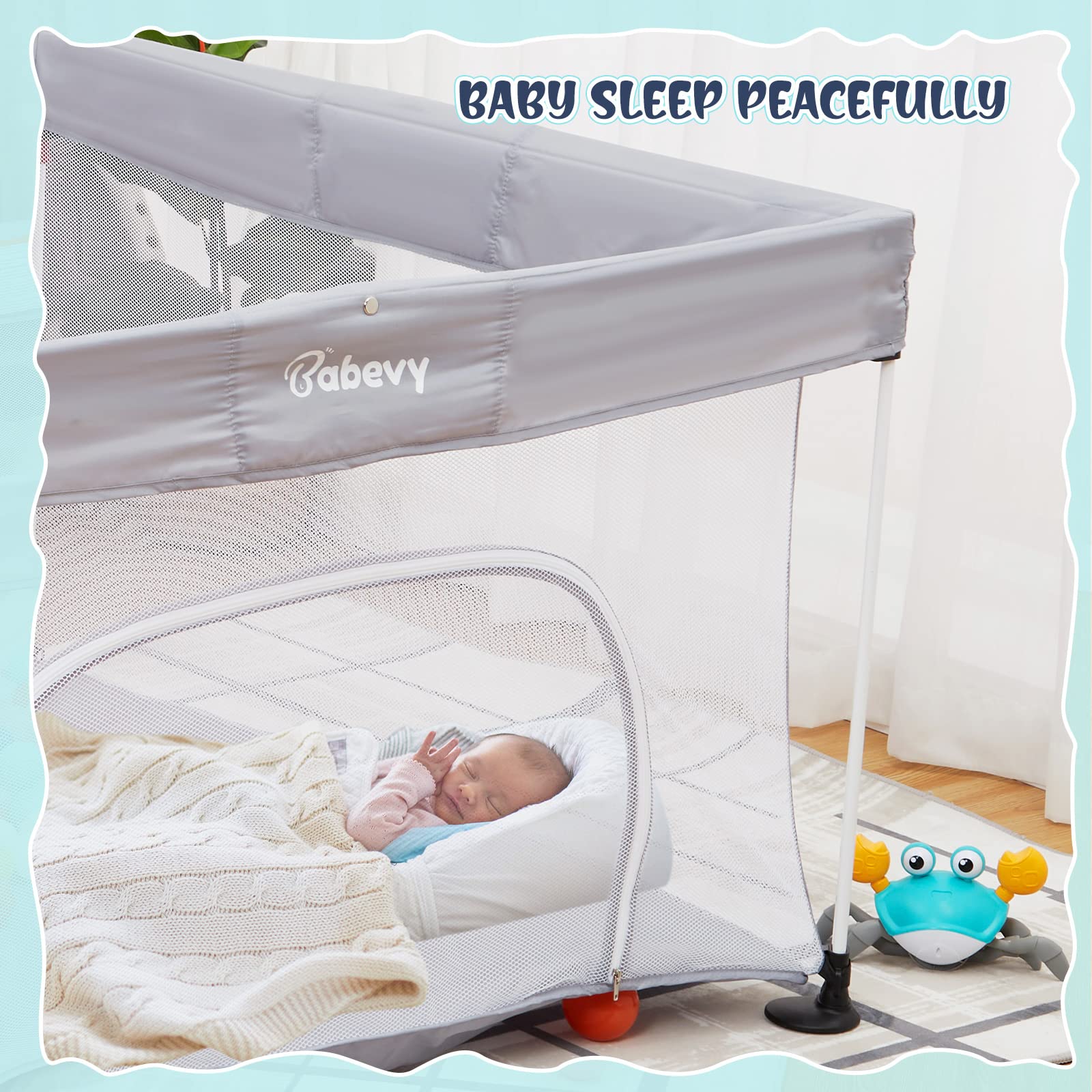 Babevy Foldable Baby Playpen Portable Baby Fence Play Yard for Babies and Toddlers with Gate, Indoor & Outdoor (Grey)