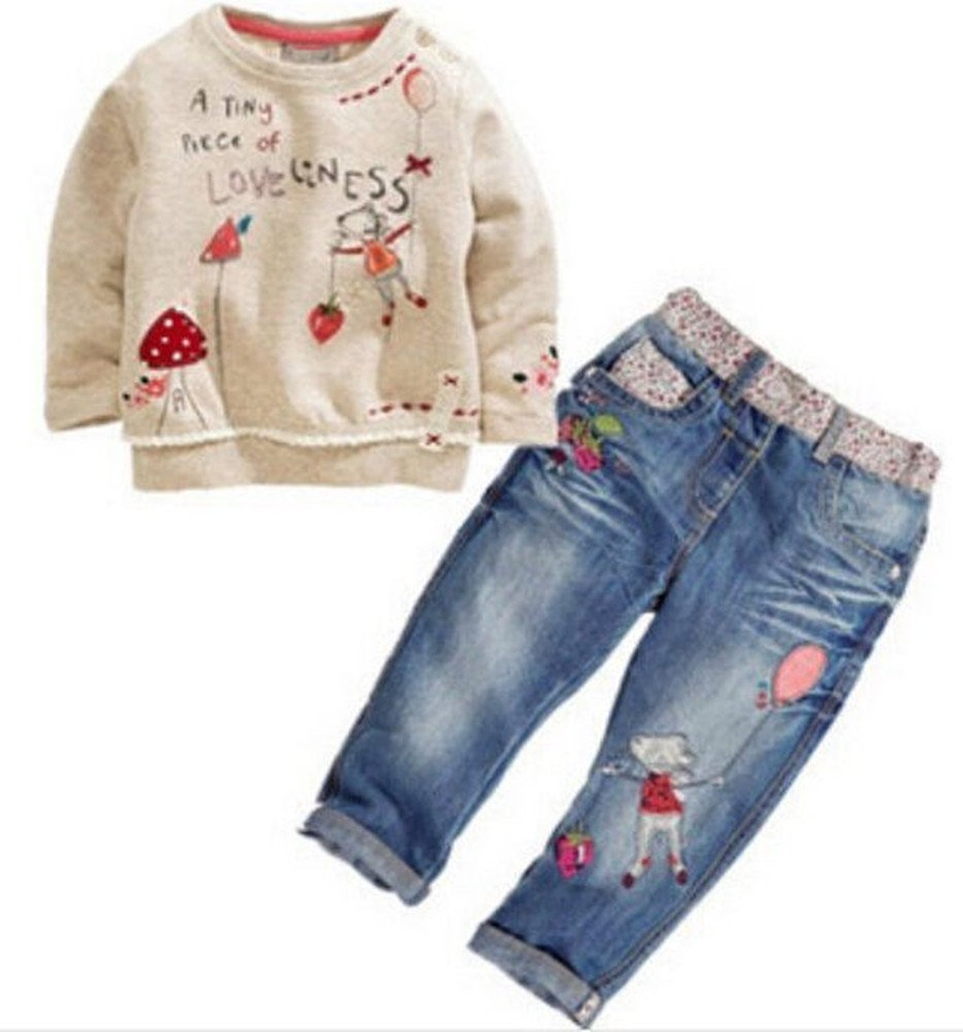 Little Girl's Long Sleeve Cartoon Pullover Shirt and Jeans Pants Outfit Set, Apricot, 4T