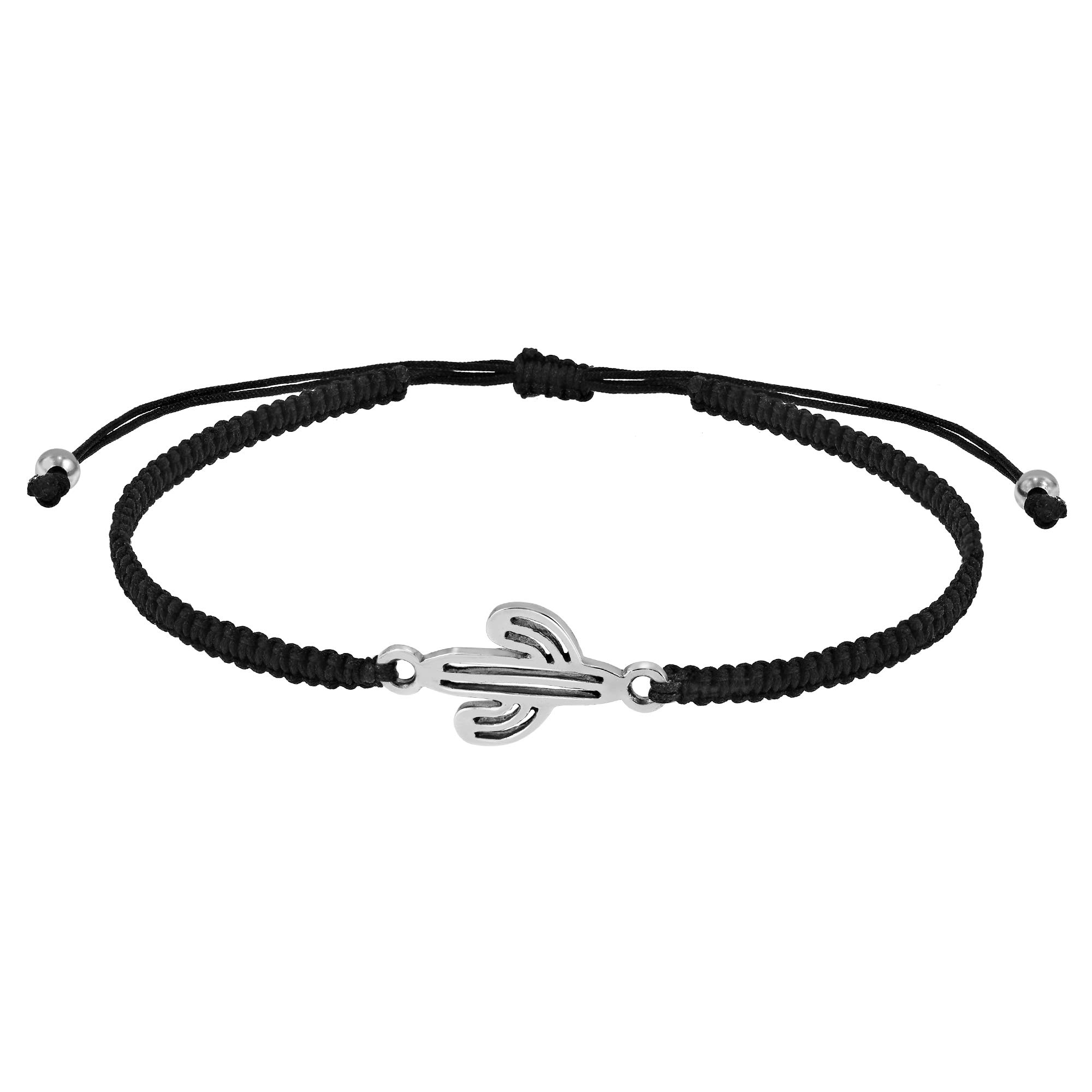 AeraVida Strong and Resilient Desert Cactus .925 Sterling Silver Charm on Cotton Rope Adjustable Pull Slide Bracelet