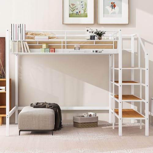 Full Size Loft Bed with Stairs, Metal Loft Bed Frame with Storage Steps, Heavy-Duty High Loft Bed with Grid Shelf for Kids Teens Adults, White
