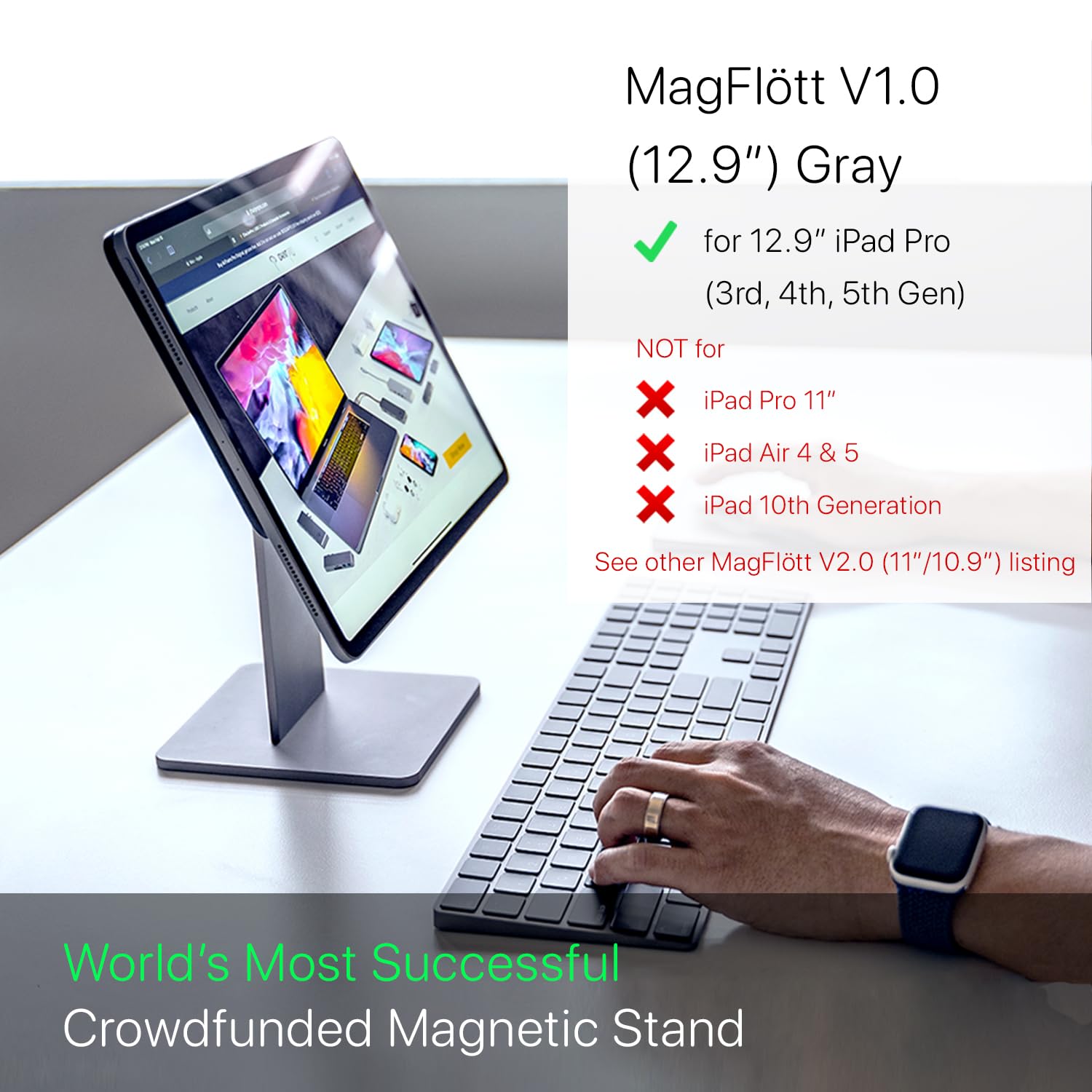 CharJenPro MagFlott V1.0 Magnetic Stand for iPad Pro 12.9β, iPad Air 13" M2 (2024). Gray. Successful Kickstarter Campaign. Includes 6β USB C Curved Cable.