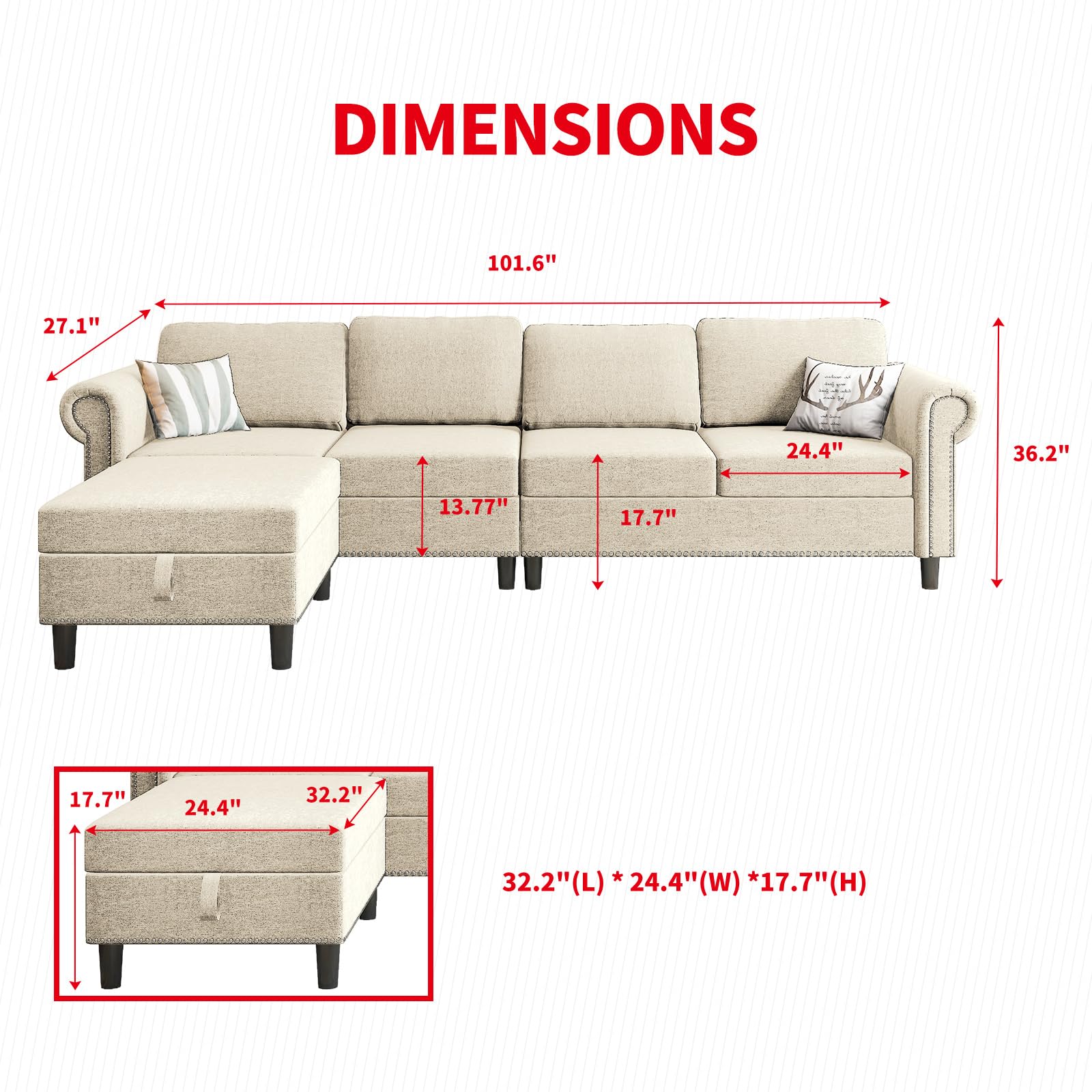 PUREMIND Beige L Shape 102" Sectional Sofa Couch with Movable Storage Ottoman, Linen 4 Seat Convertible Couch with Reversible Chaise, Living Room Sets for Office, Apartment
