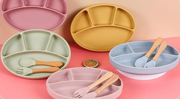 Baby & Toddler Oval Silicone suction Plate - 4 Divisions, BPA Free, PAQ Lifestyle (Rogue Pink)