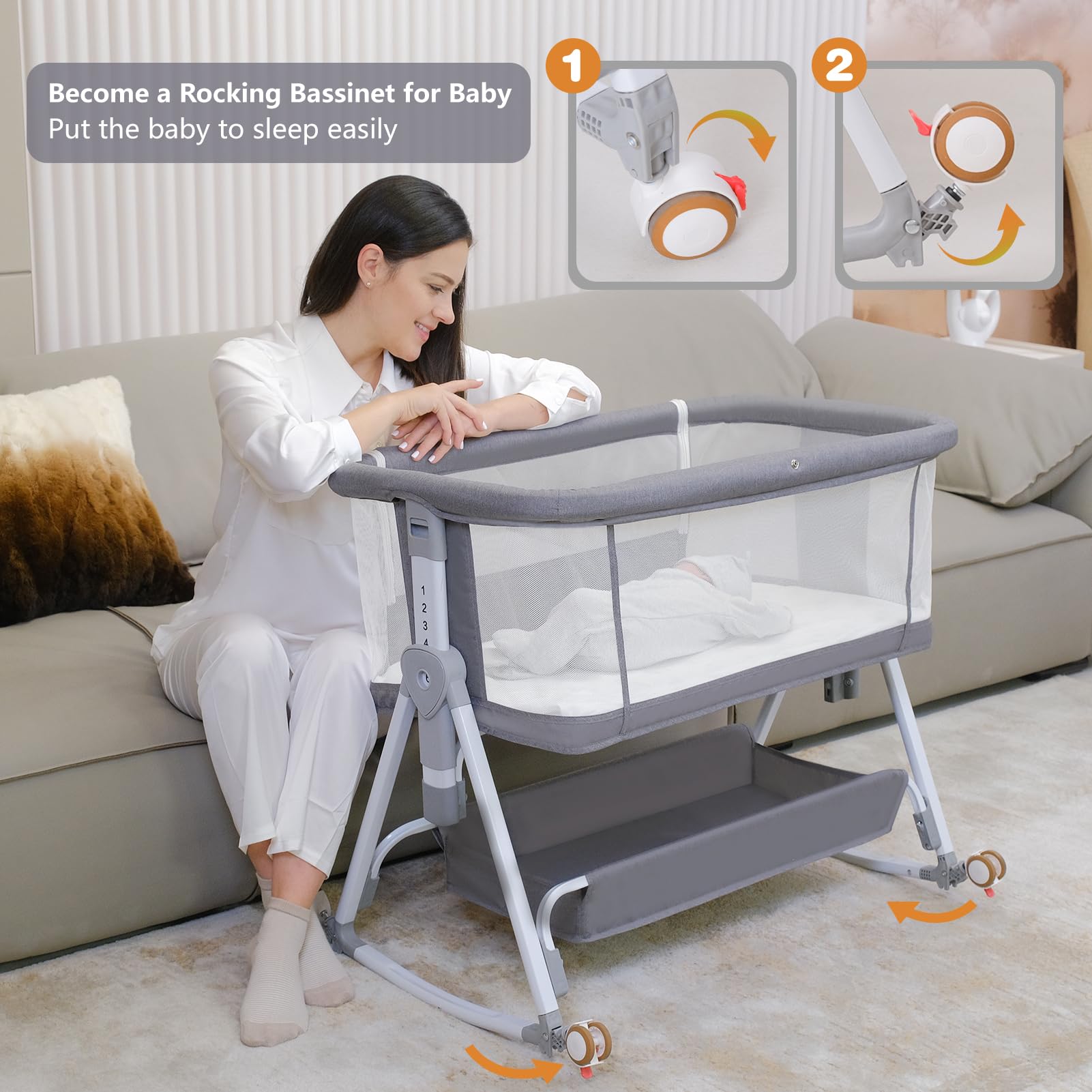 Baby Bassinet Bedside Sleeper for Baby with Wheels and Storage Basket ,All Mesh Portable Bedside Bassinet Co Sleeper for Newborn /Infant,7 Height Adjustable Easy to Assemble Bedside Crib(3 in 1,Black)