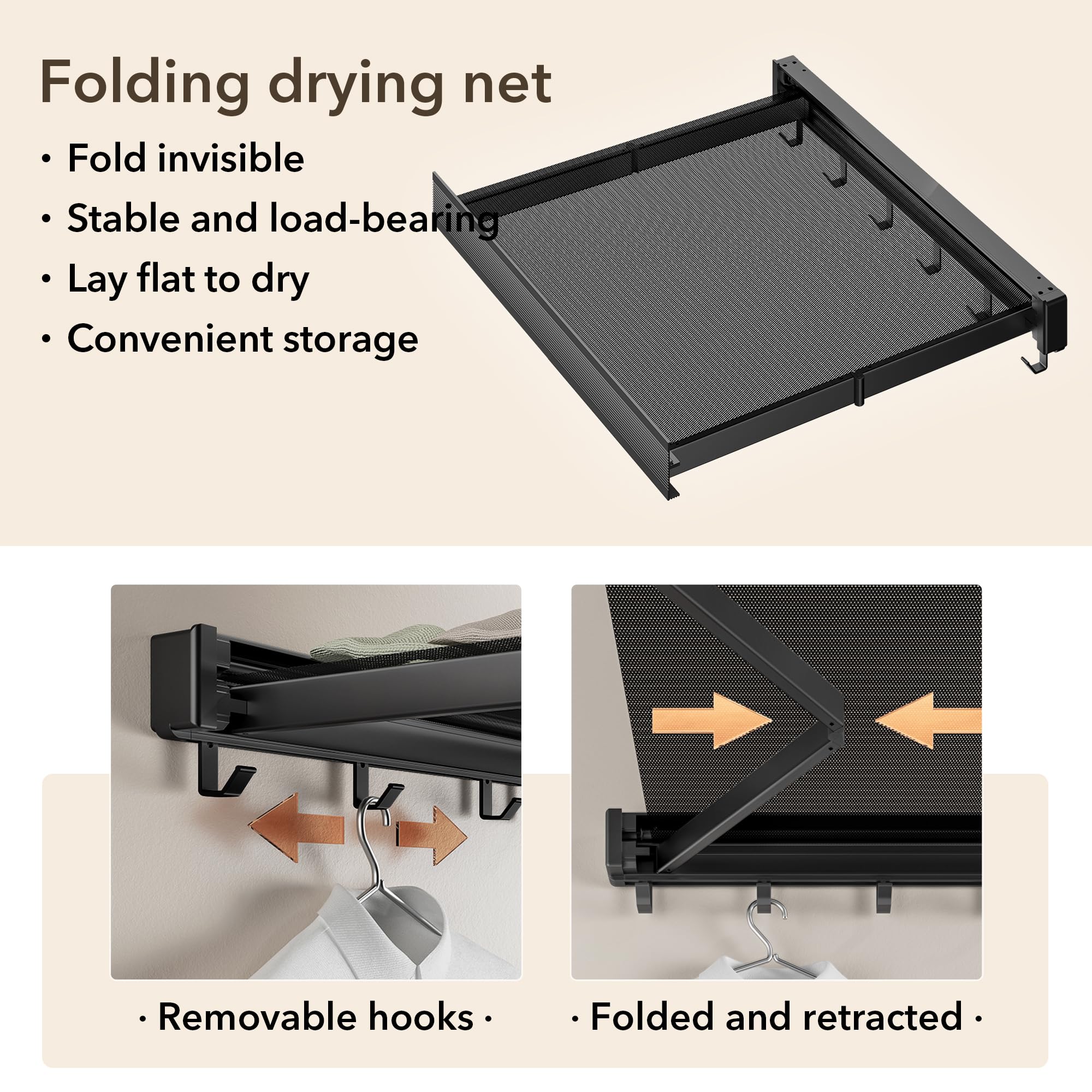 CHAHUANV Retractable Drying Rack with Net,Laundry Drying Rack for Shoes,Socks,Underwear,Wall Mouted Drying Rack with Hooks,Folding,Collapsible Hanger Rack, Gray