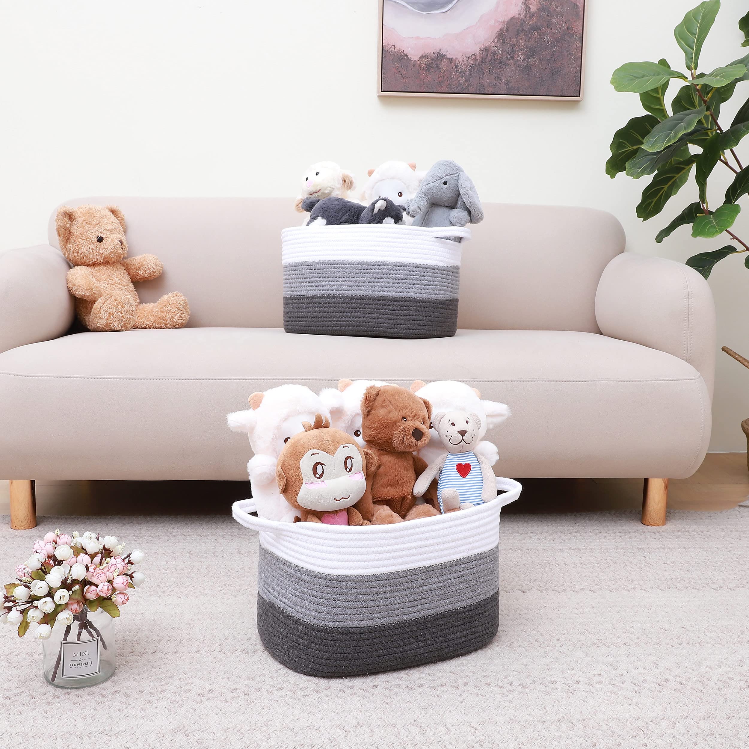 Bienvoun Cotton Rope Storage Baskets - 3 Packs Woven Storage Bins with Handle, Toy Storage Baskets, Blanket Baskets for Toy Storage, Blanket Storage, Book Storage(Dark Grey)