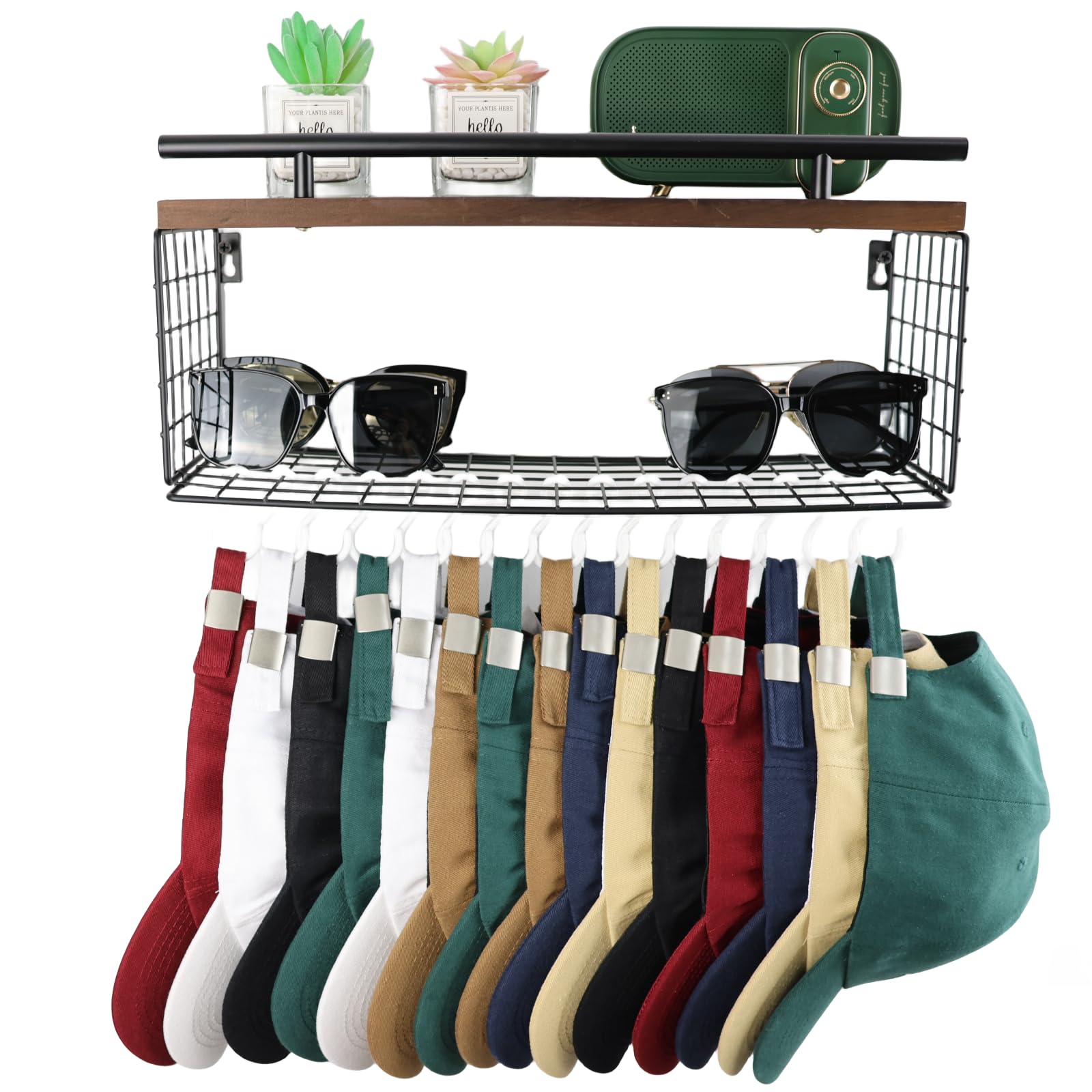 FUMOLY Metal Hat Shelf for Wall, Pine Wood Baseball Cap Holder with 15 Hooks, Dome Dock Hat Rack, Baseball Cap Organizer, Hat Display Wall Mount, Hat Hanger for Accessories