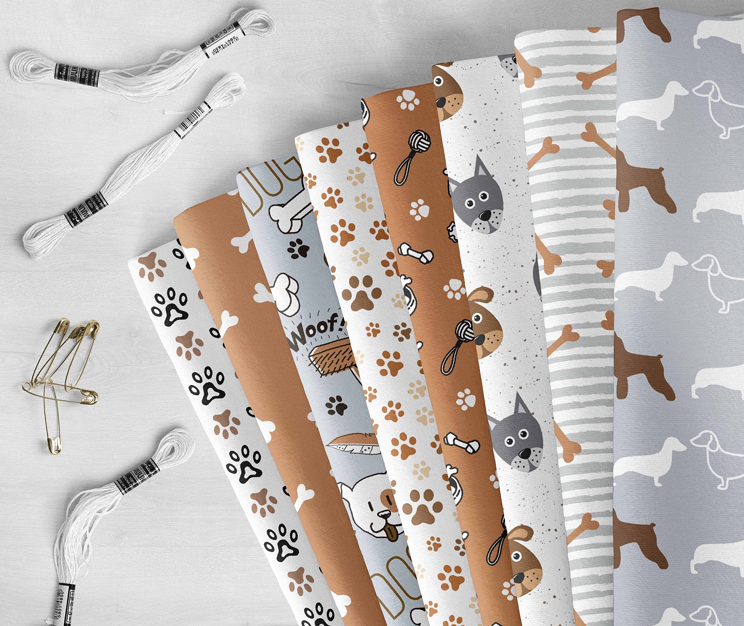 Soimoi 8 Pc Fat Quarter Bundle- Dog Print 18"x 22" DIY Patchwork- 100% Cotton Pre-Cut Quilting Fabric Gray-White- Brown