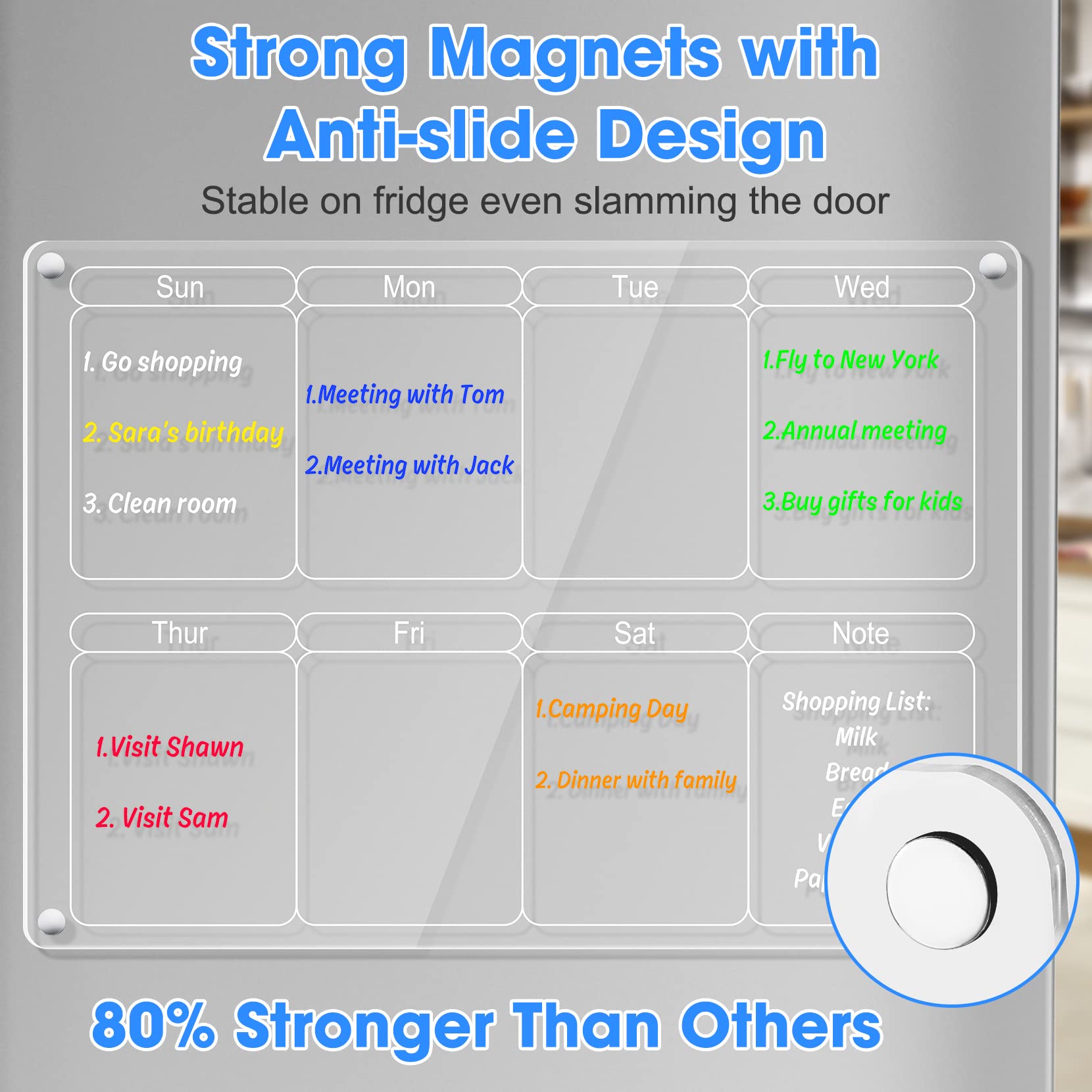 Acrylic Magnetic Fridge Calendar & Weekly Planner Monthly Dry Erase Board for Refrigerator w/ 8 Markers & Magnetic Pen Holder Meal Planning Whiteboard 16''x12'', 2 Boards (Calendar + Weekly Planner)