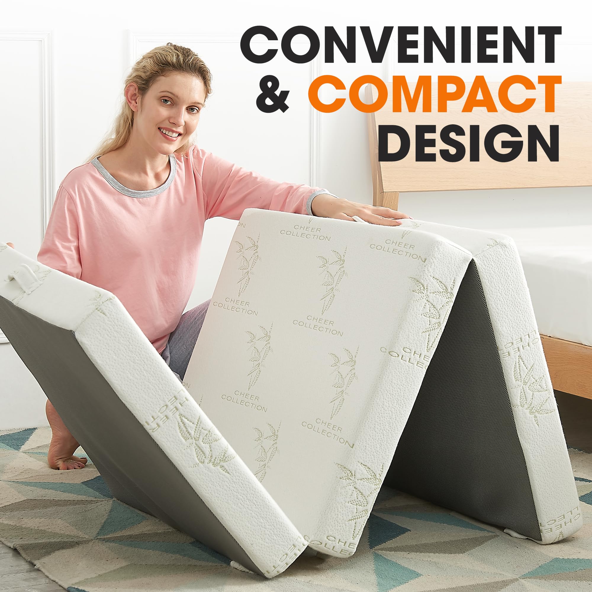 Cheer Collection Foldable Mattress - Tri Folding Mattress - Portable 4 Inch Thin Mattress for Floor - Must-Have Folding Mattress - Trifold Mattress for Sleepovers, Camping, and Guests (75"x25"x4")