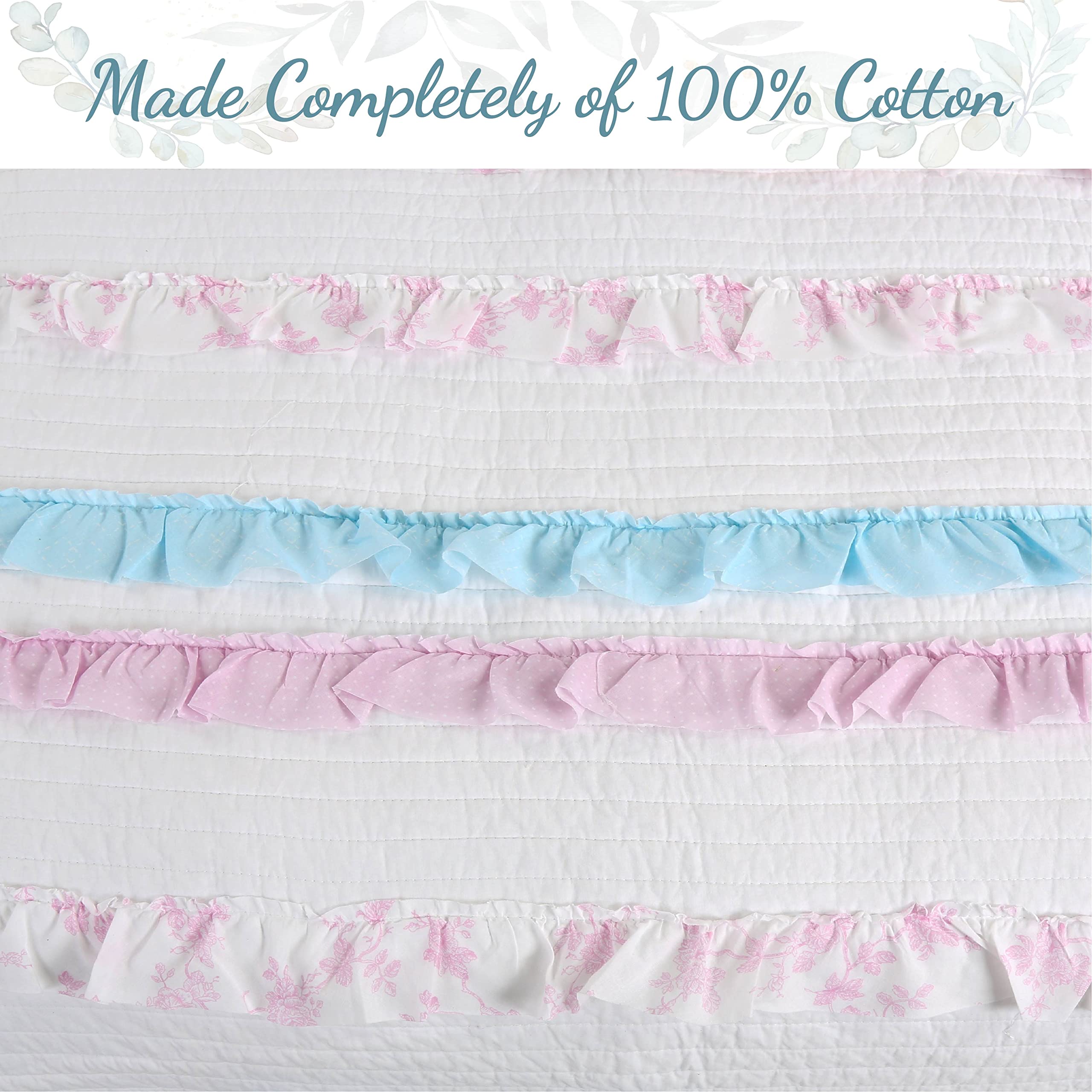 Cozy Line Home Fashions Light Pink Blue Coral White Ruffle 100% Cotton Reversible Girl Quilt Bedding Set, Reversible Coverlet Bedspread (Shabby Chic, Queen - 3 Piece)