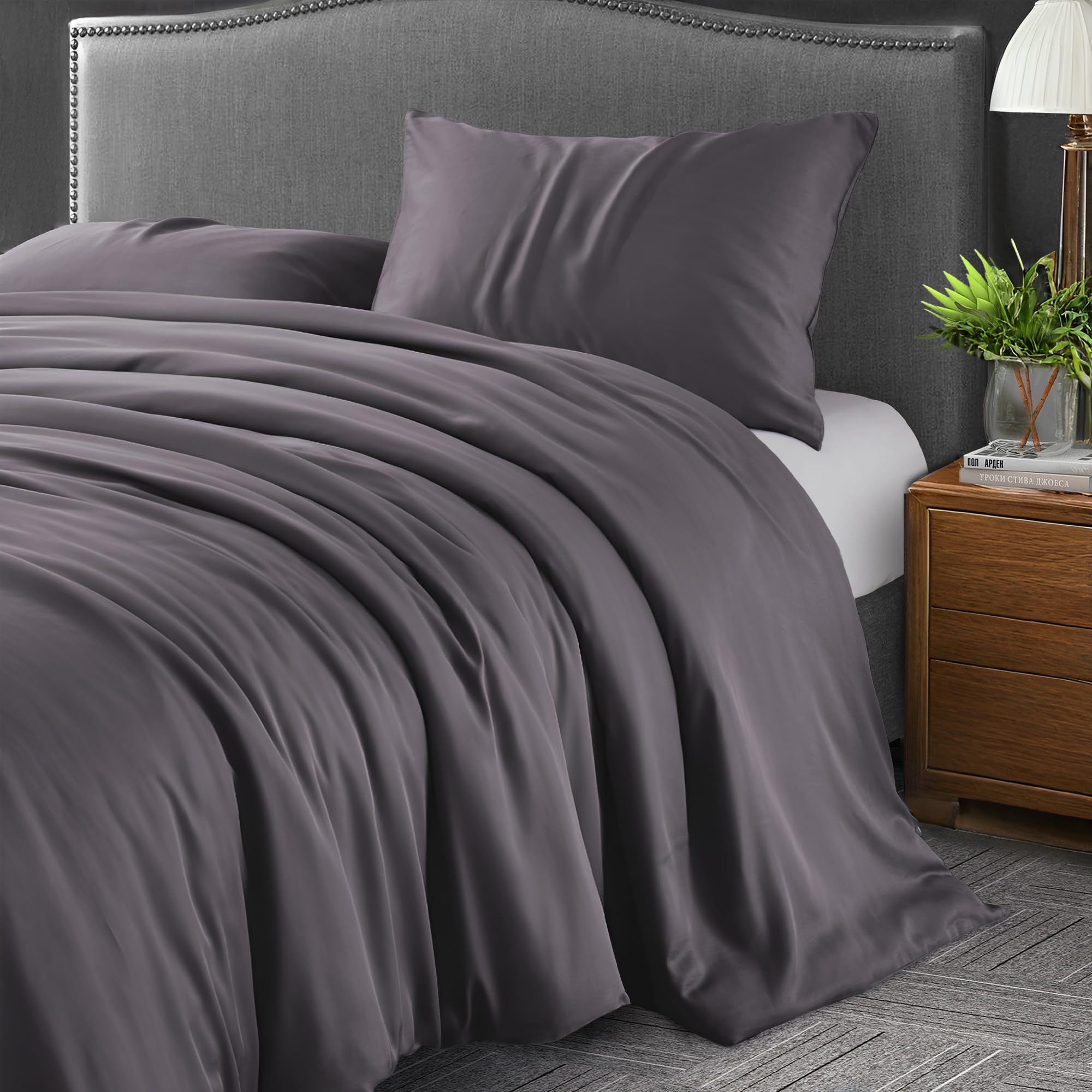 Dreamhood King Size Viscose Derived from Bamboo Duvet Cover Set 1 Duvet Cover,2 Pillow Shams,Luxuriously Soft Cooling Smooth 3 Piece Set with 4 Corner Ties (Dark Grey,106"×90")