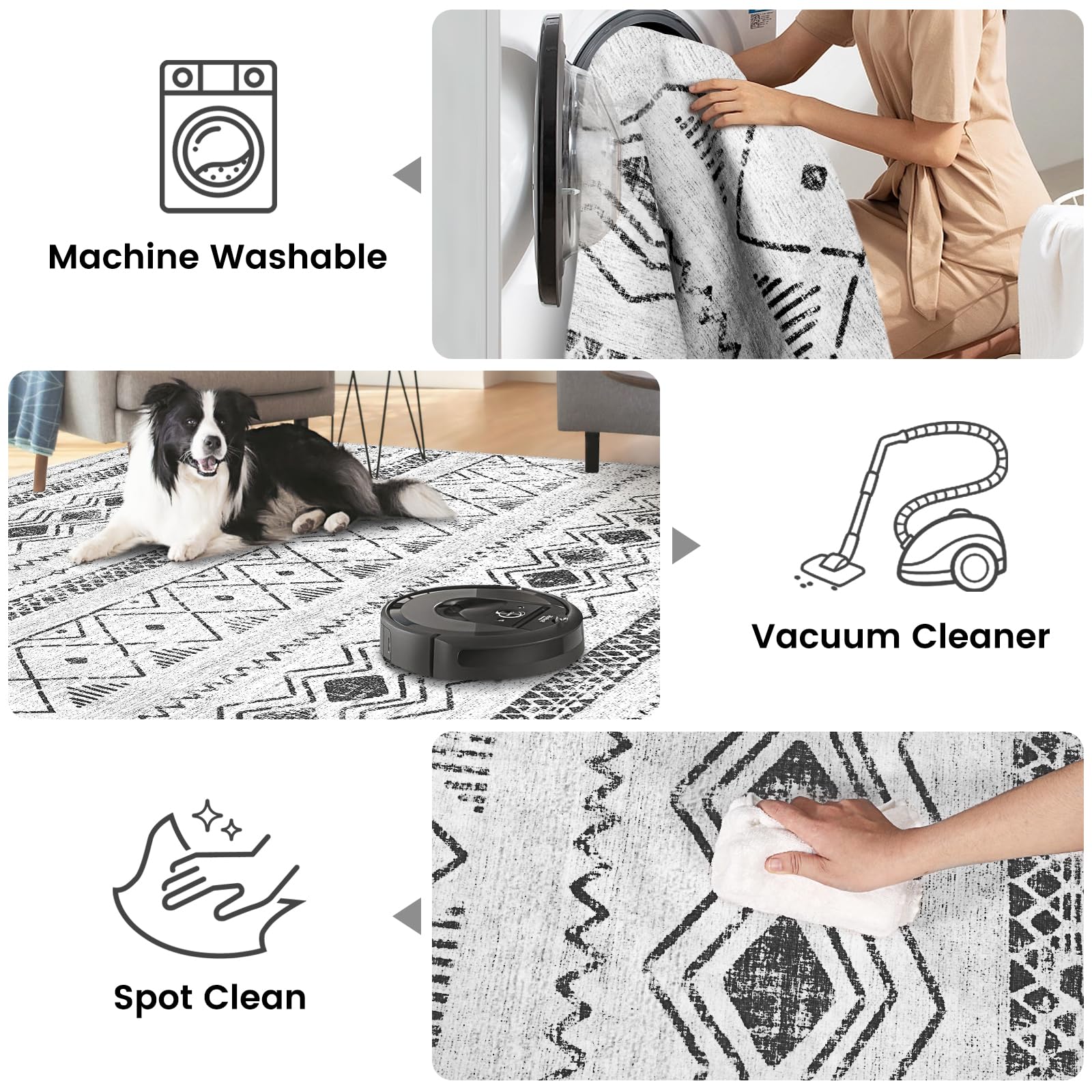 Boho Moroccan Area Rug 8x10 - Large Indoor Geometric Neutral Rug for Living Room Bedroom Dining Table Modern Home Office - Soft & Machine Washable Foldable Farmhouse Carpet - Grey