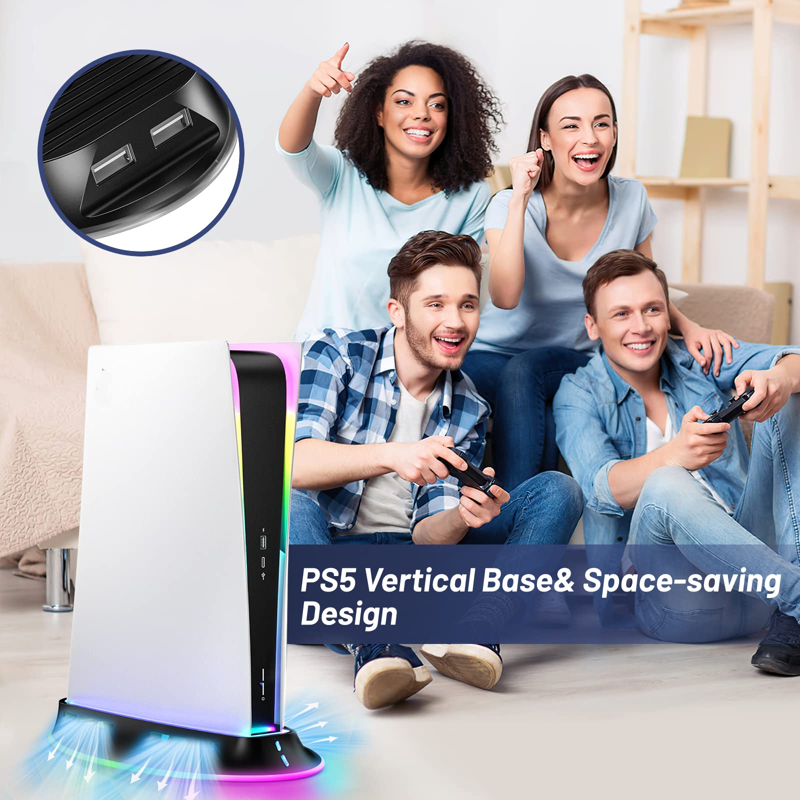Allnice PS5 Stand with Cooling Fan and RGB LED Light for Playstation 5 Disc/Digital Edition, PS5 Cooling Station PS5 Fan Cooler System PS5 Vertical Base, Built-in LED Light with IR Remote, 2 USB Ports