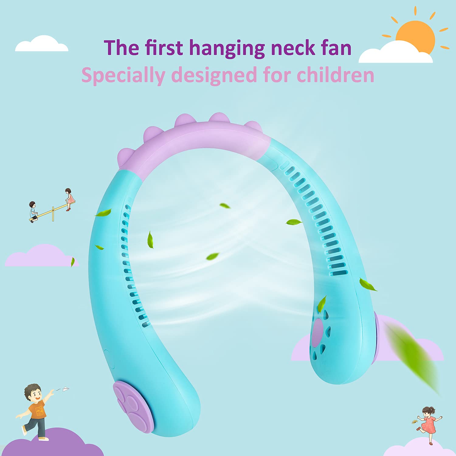 ICEBIRDS Portable Neck Fan for Kids 2021 New Bladeless Fan, USB Rechargeable Battery Operated Hanging Personal Mini Fan,Cartoon Headphone Design, Wearable Creative Leafless Fan,3 Speeds-Dinosaur Cyan