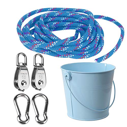 FUQUN Treehouse Accessories for Kids,Pulley with Bucket Cable, Kids Playhouse Accessories, Pulleys for Kids, Pirate Ship Accessories Outdoor, Playhouse Game Accessories, Bucket for Treehouse (Blue)