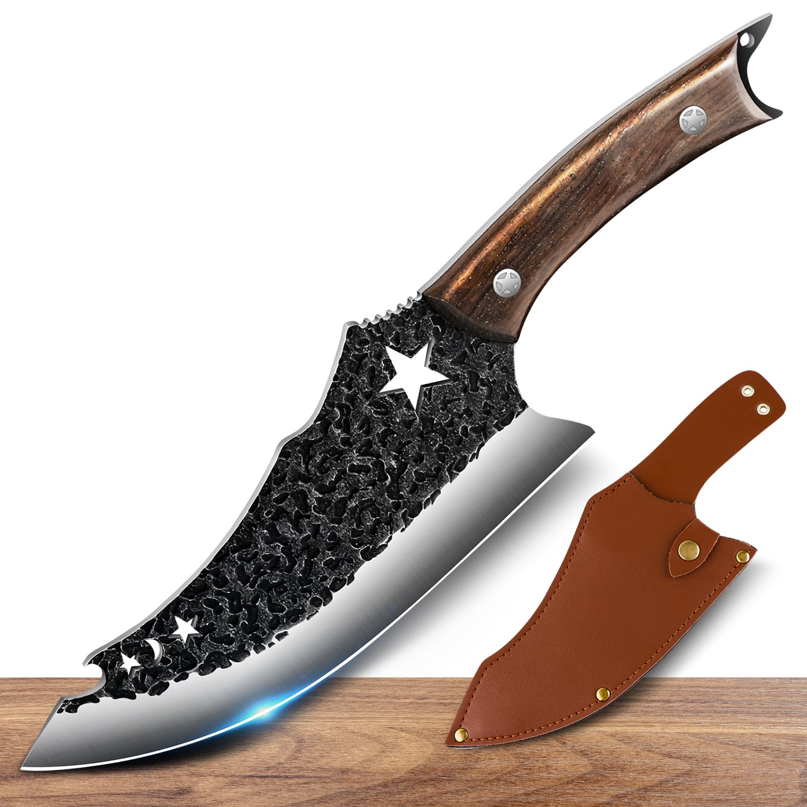 Meat Cleaver Sharp Chef Knife for Butcher Knife with Ergonomic Handle Viking Knife with Opener & Sheath for Kitchen BBQ Camping Outdoor