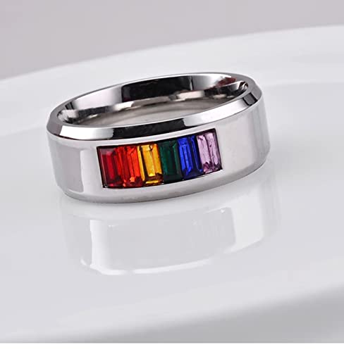 Aooaz Gay Couple Rings, Titanium Ring Rainbow with Pride Flag Silver Wedding Band for Men Women Size 7 Free Engraved