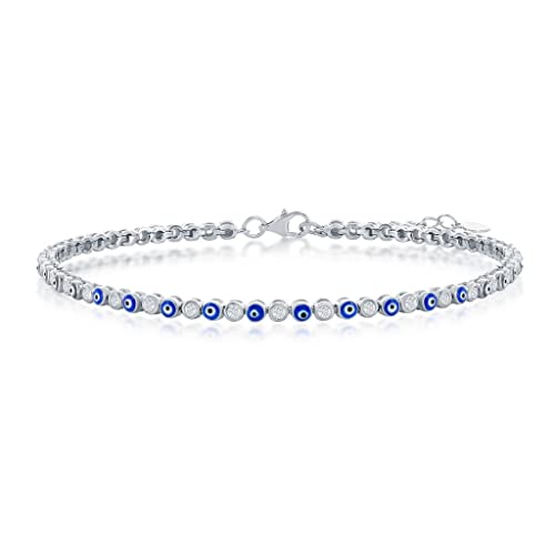 Alternating Navy-Blue Enamel Evil Eye and Simulated Diamond CZ 7.5β Bracelet |Sterling Silver Jewelry for Women or Teens