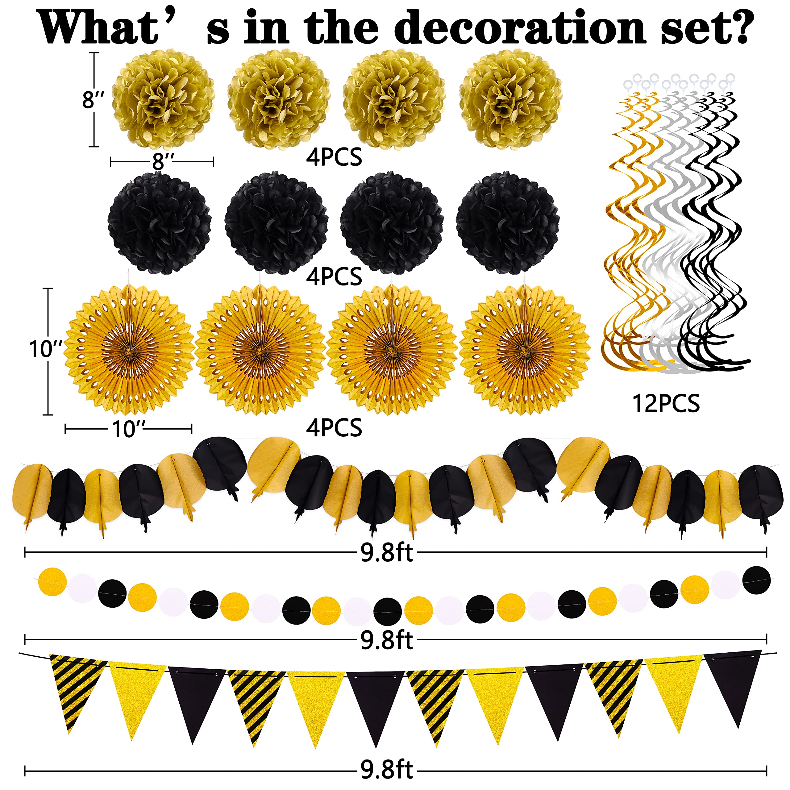 Moon Boat 35PCS Party Decorations Paper Fan Hanging Set - Birthday,Graduation,Baby Shower,Wedding,Retirement,Black and Gold Decor(Black)