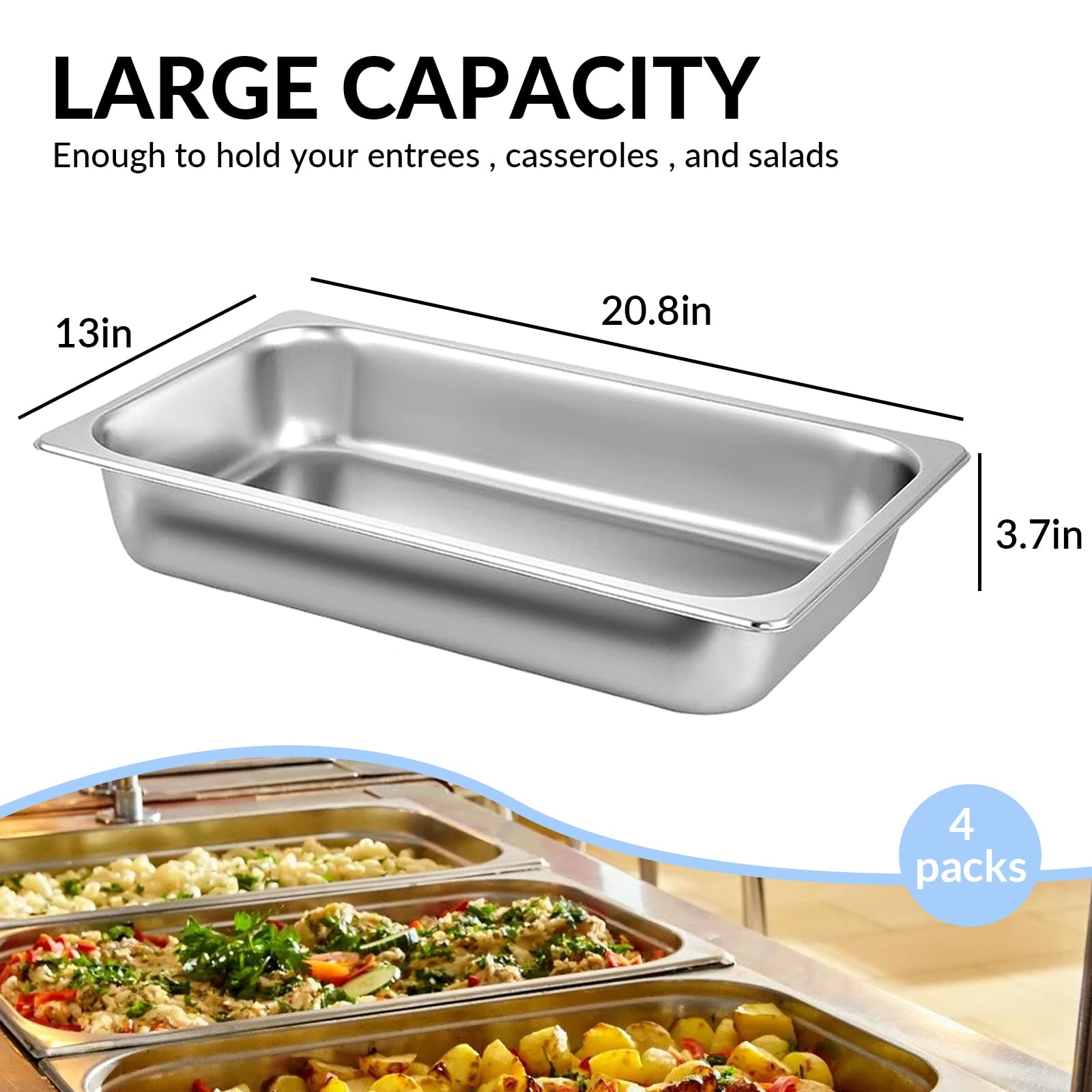 Kweetle 4 Pack Hotel Pan 4" Deep Steam Table Pan Full Size with Lid 20.9 x 12.8 x 4 inch Hotel Pan Steam Table Pans Commercial Hotel Pan Stainless Steel(4 PCS)