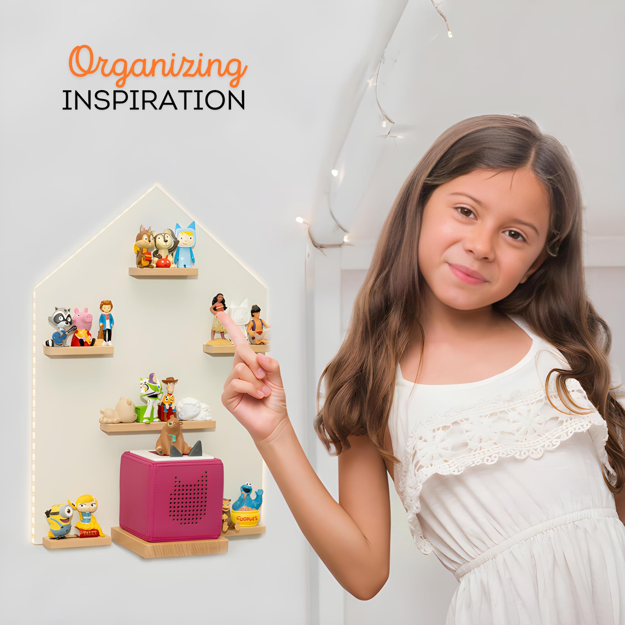 BigStep Large LED Magnetic Shelf Compatible with Toniebox, Tonies Figures, Tonies Characters and Other Tonies Accessories - Use as Wall Shelf or Free Standing - Integrated Warm-White LED Strip