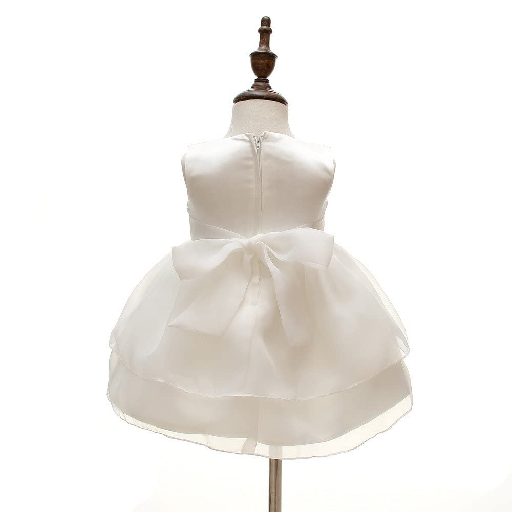 Meiqiduo Baby Girls Dresses Christening Wedding Pageant Bow Formal Dress Ivory White (6M/6-12months)