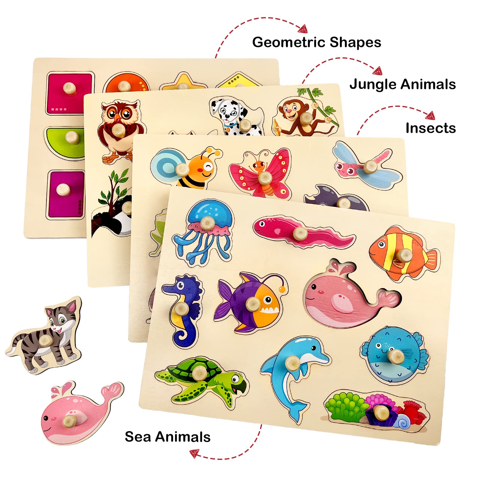 Wooden Peg Puzzles for Toddlers, 4 Pack Toddler Puzzles Set with Wooden Knobs, Preschool Learning Educational Animals Shapes Insects Pegged Puzzle Toys for 2 3 Year Old (Style 1)