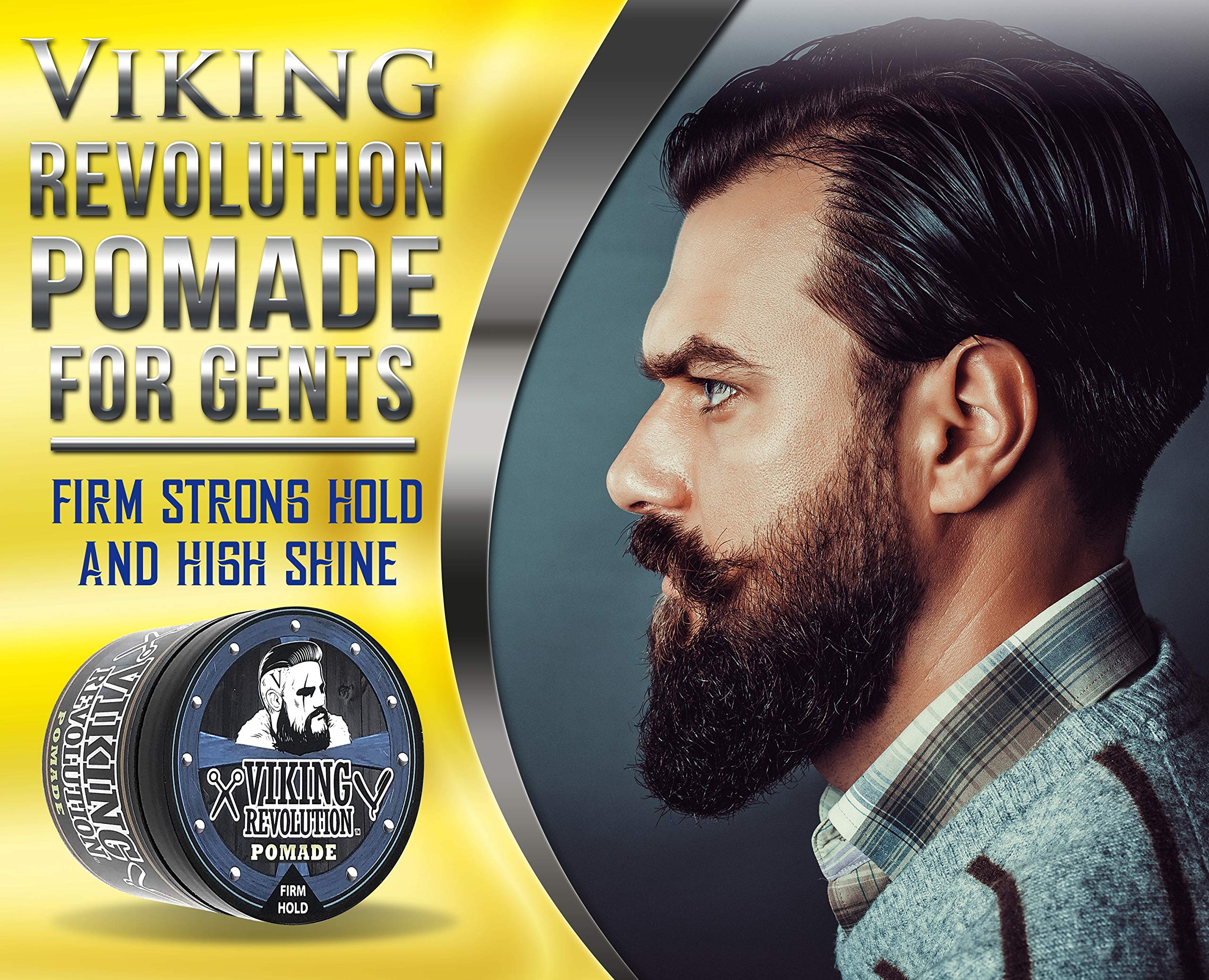 Viking Revolution Pomade for Men 4oz - Firm Strong Hold & High Shine for Classic Styling - Water Based & Easy to Wash Out (Firm, 1 Pack)