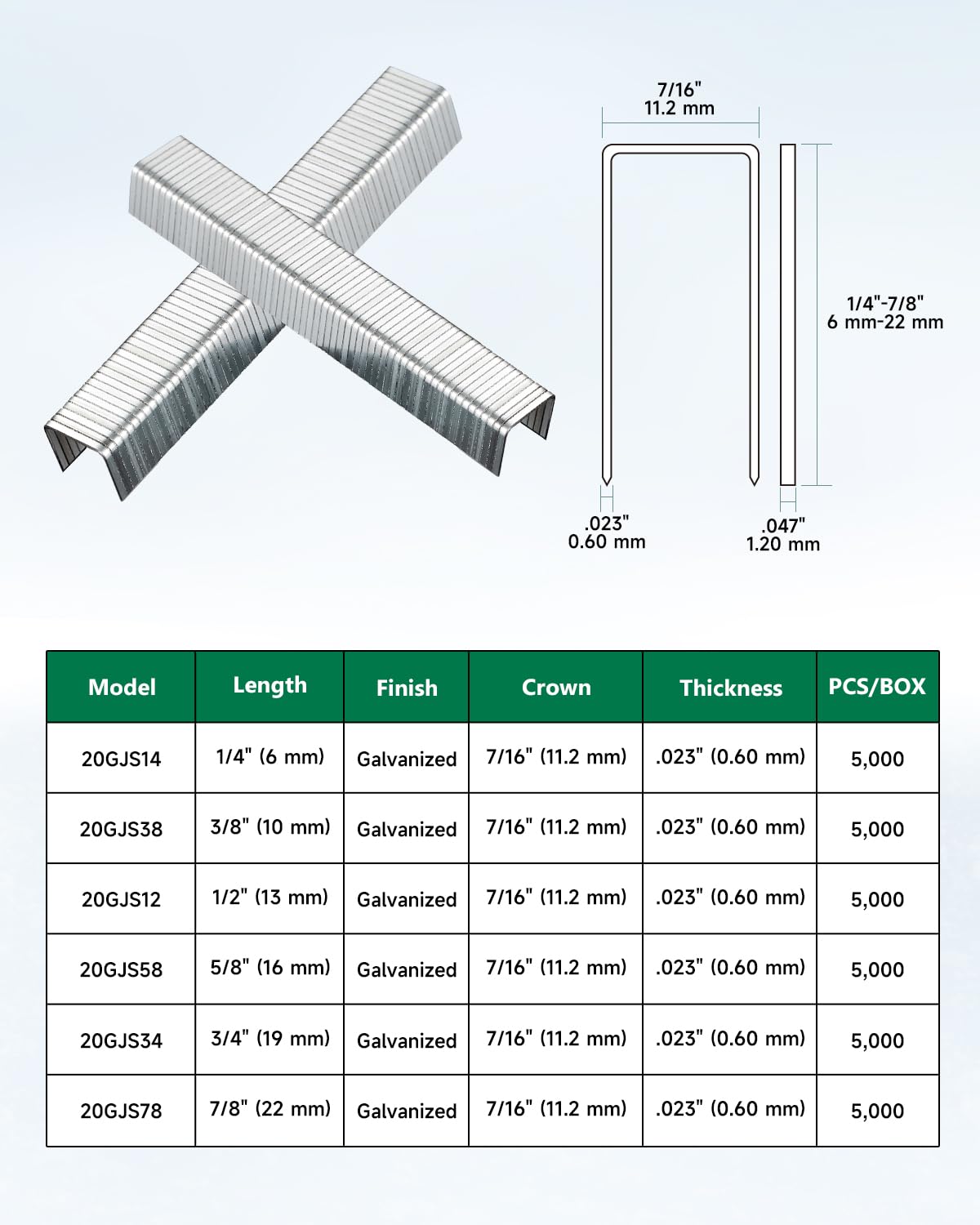 meite 20 Gauge J10 Series 7/16-Inch (11.2mm) Crown 1/2-Inch Length Upholstery Staples for Staple Gun, Fine Wire Galvanized Staples for Carpet, Work Box, Cable, Shed (5,000 Pieces)