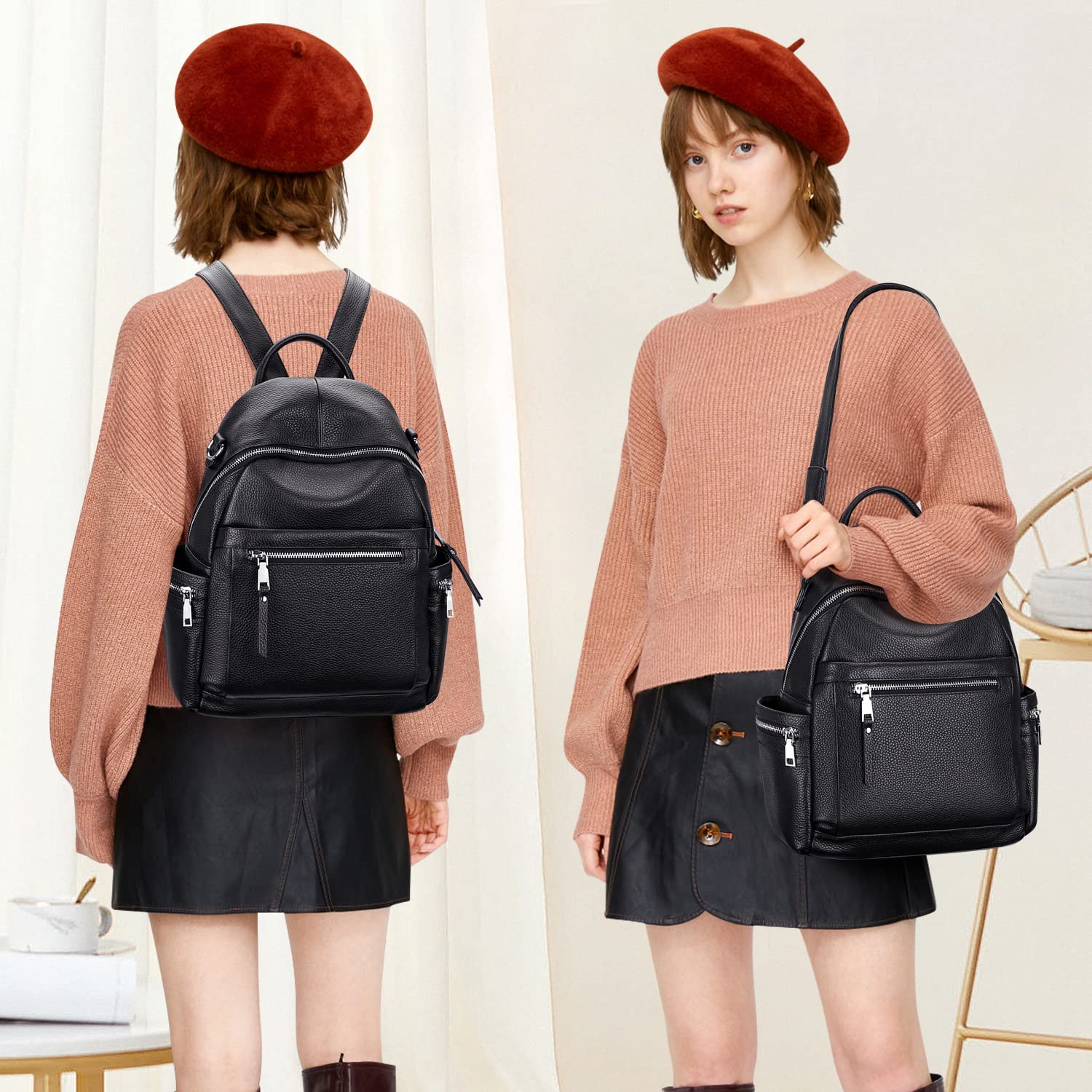ALTOSY Leather Backpack for Women Convertible Backpack Purse Fashion Shoulder Bag (S105 Black)