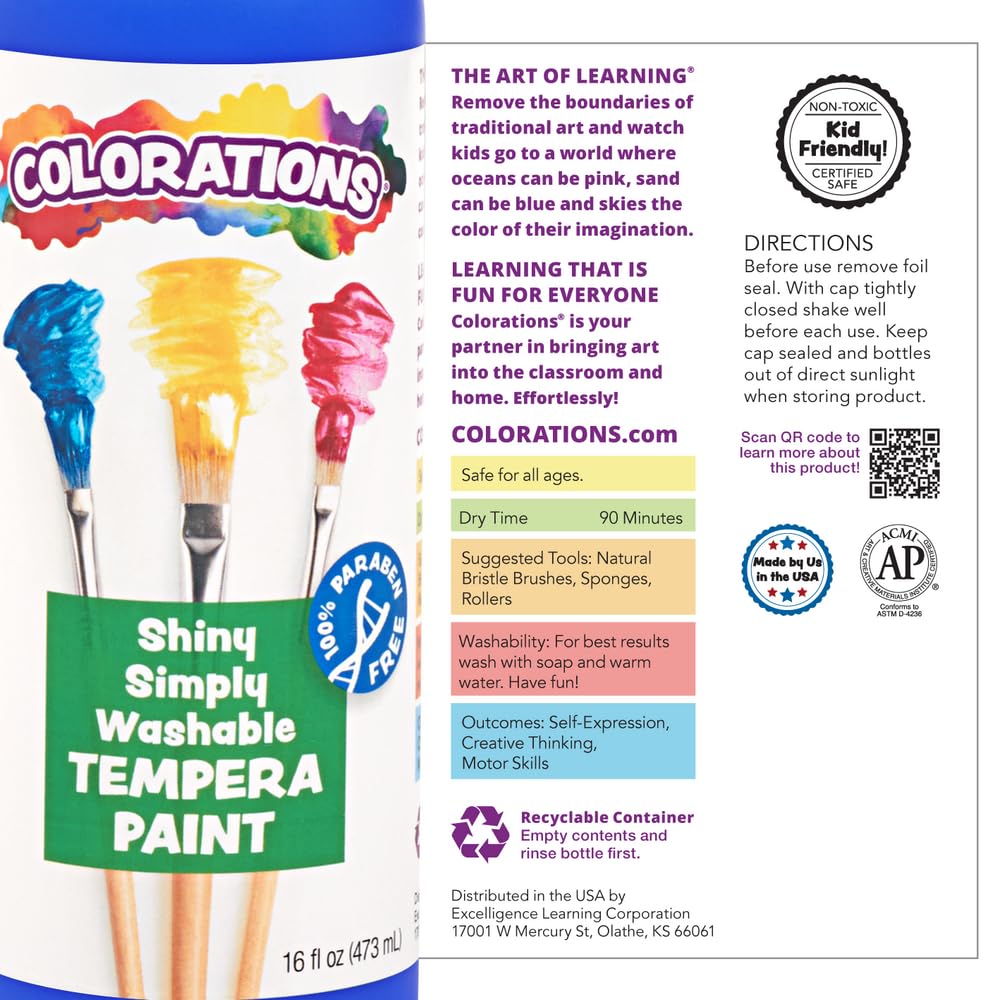 Colorations Washable Tempera Shiny, Metallic Effect Paint, 16 fl oz, Set of 8 Colors, Non Toxic, Vibrant, Bold, Kids Paint, Craft, Hobby, Fun, Art Supplies