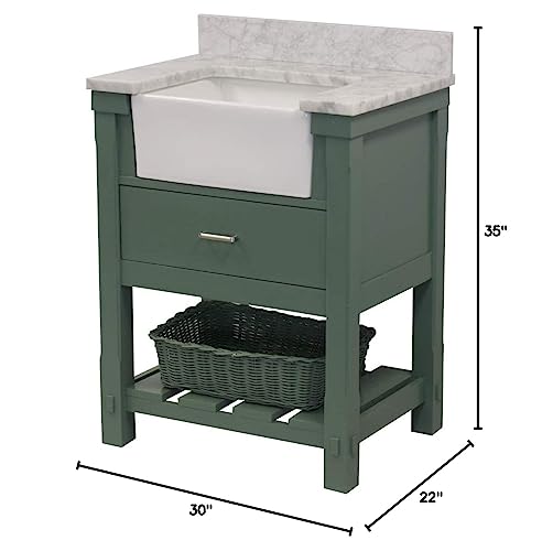 Charlotte 30-inch Bathroom Vanity (Carrara/Sage Green): Includes Sage Green Cabinet with Authentic Italian Carrara Marble Countertop and White Ceramic Farmhouse Apron Sink