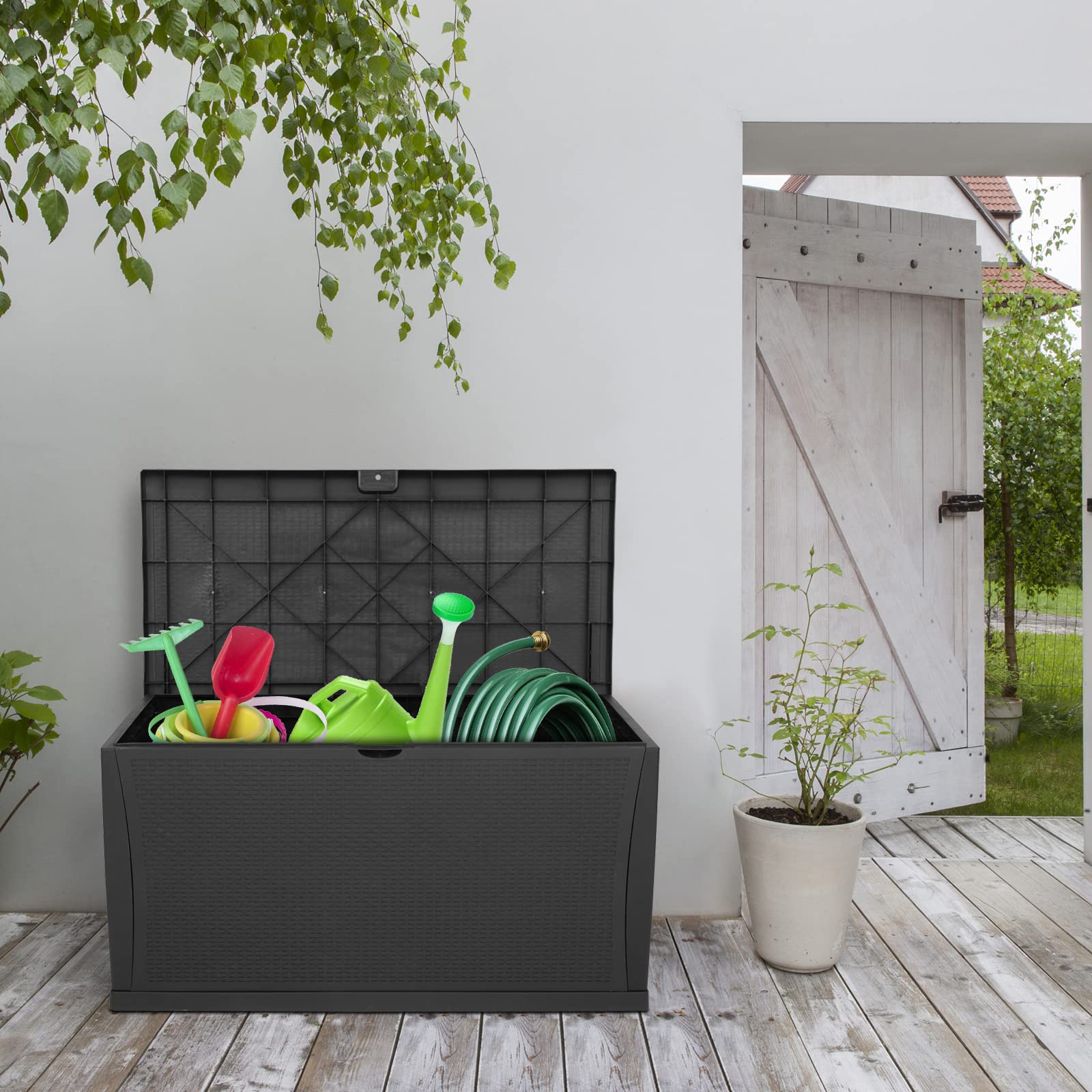 VINGLI 120 Gallon Large Deck Box Outdoor Storage Box with Lid, Plastic Patio Furniture Container Bin Rattan Grain Surface for Cushions Books Garden Tools Pool Accessories (Grey)