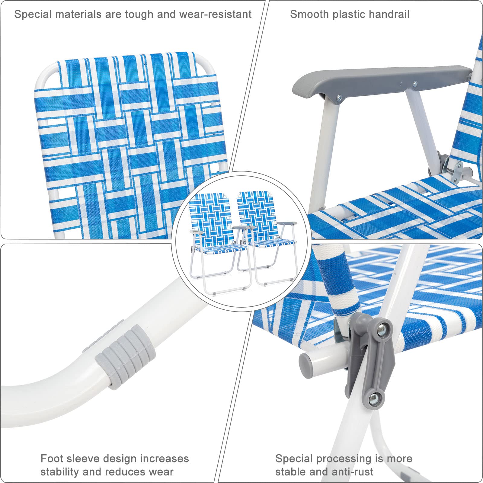 EEBUIHUI Set of 2 Folding Patio Lawn Chairs, Webbed Folding Chair Outdoor Beach Chair High Back Seat Portable Camping Chair for Yard, Garden (Blue White)