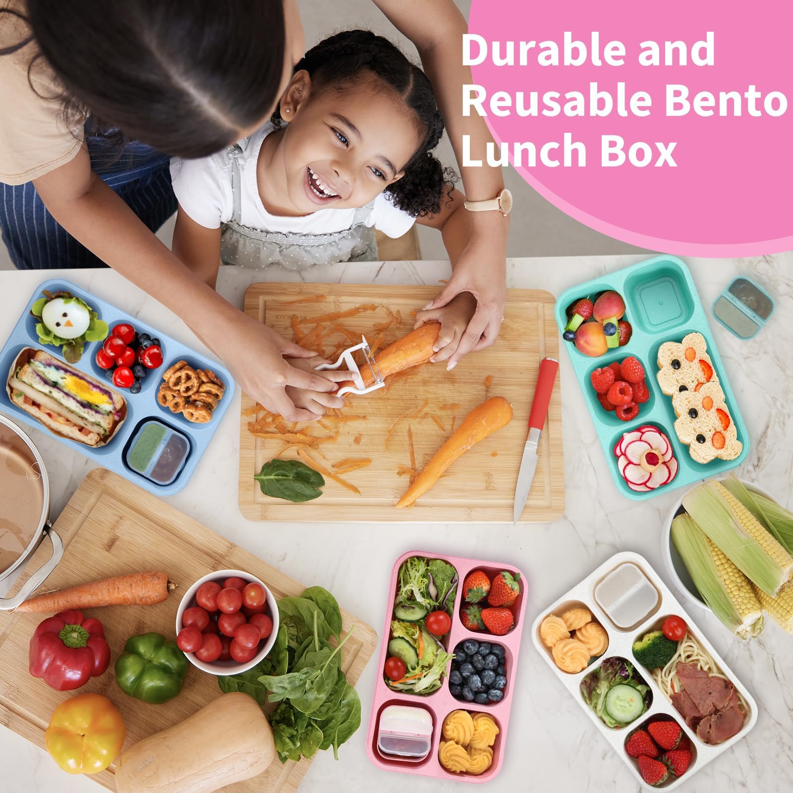Lunbxx Snack Box Containers for Adults,4 Pack Bento Lunch Box for Adult & Kids, 5 Compartment Adult Lunchable Containers with Utensils, Sauce Jar, 44 Oz/1300ML Large Size (Wheat)
