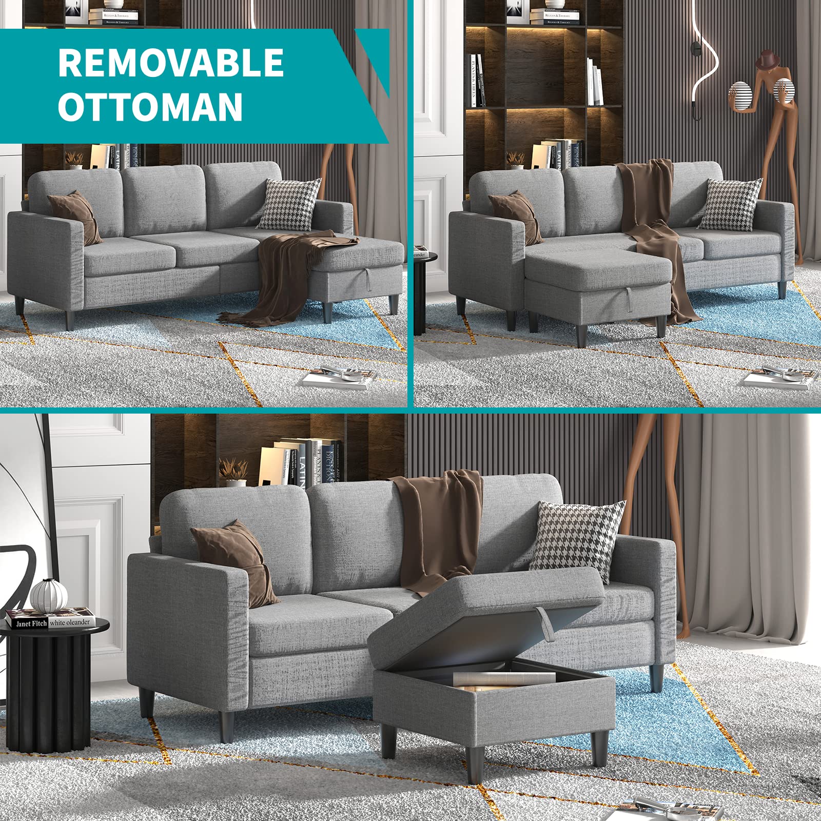 BALUS Convertible Sectional Sofa Couch, 3-Seat L-Shaped, Free-Form with Movable Storage Ottoman, Modern Design for Living Room and Office Spaces, Comfortable and Versatile(Light Gray)