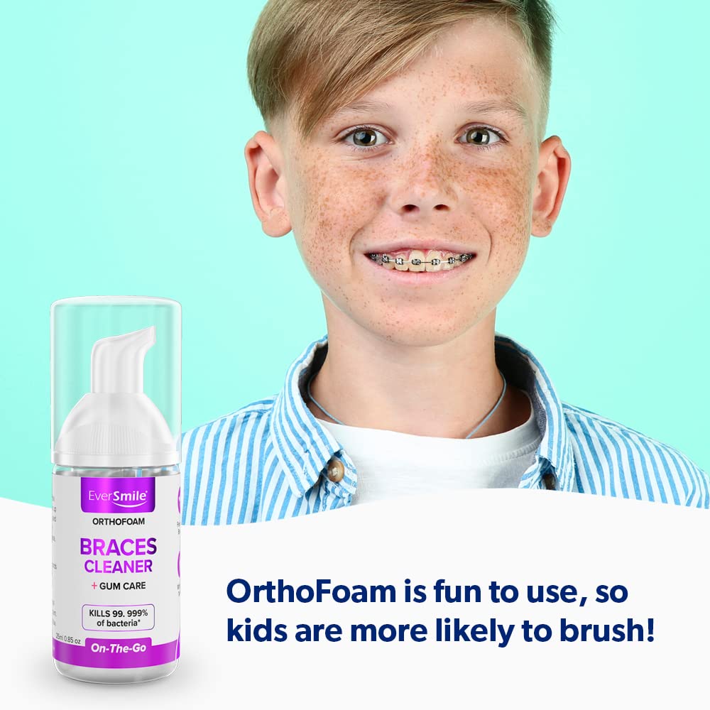 OrthoFoam Braces Cleaner - Cleans Under Metal, Ceramic or Clear Brackets & Wires. Can Brush or Rinse with & Use in Trays. Foaming Bubbles Whiten Teeth & Fight Plaque (1 Pack - 25 ml)