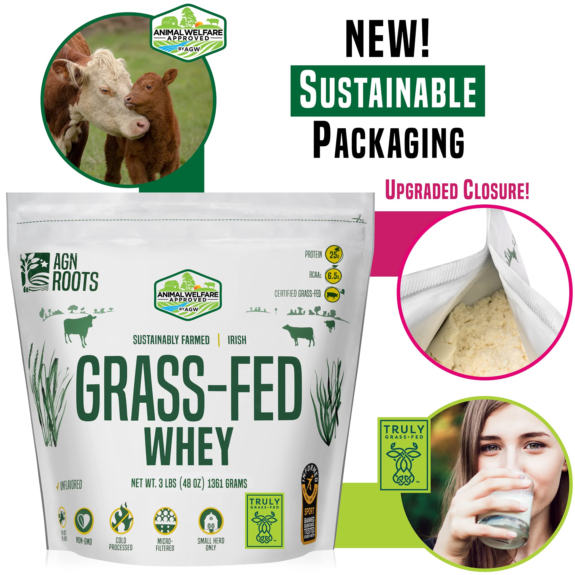 AGN Roots Grass Fed Whey Protein Powder Isolate - Unflavored - Unsweetened - Certified Entire Life On Pasture by A Greener World - ASPCA Registered - Informed Sport - Dairy Protein 1lbs