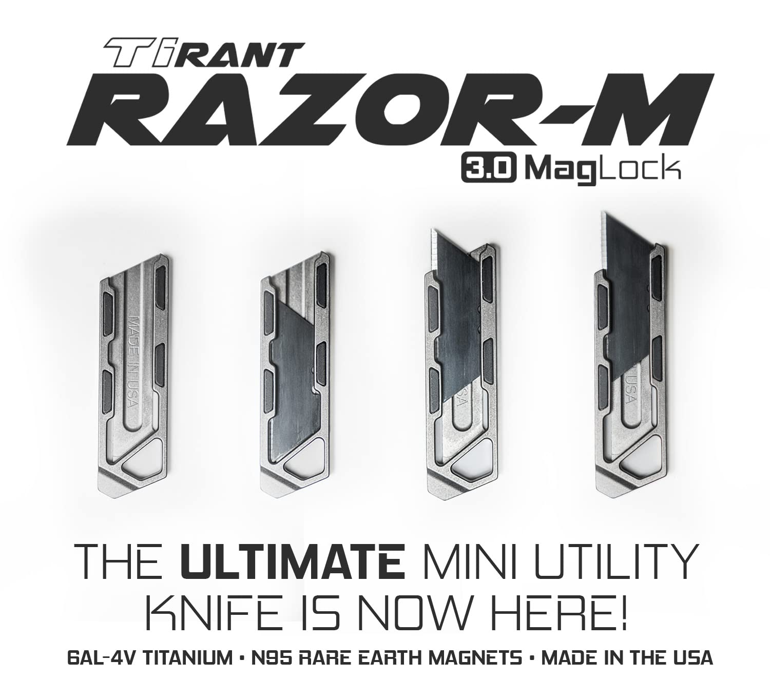 Exceed Designs TIRANT RAZOR-M 3.0 Magnetic Slide (Stonewashed) 6Al-4V Titanium Utility Knife & Pry Bar, EDC Knife, Box Cutter, MADE IN USA (Silver Magnets/NO Clip)