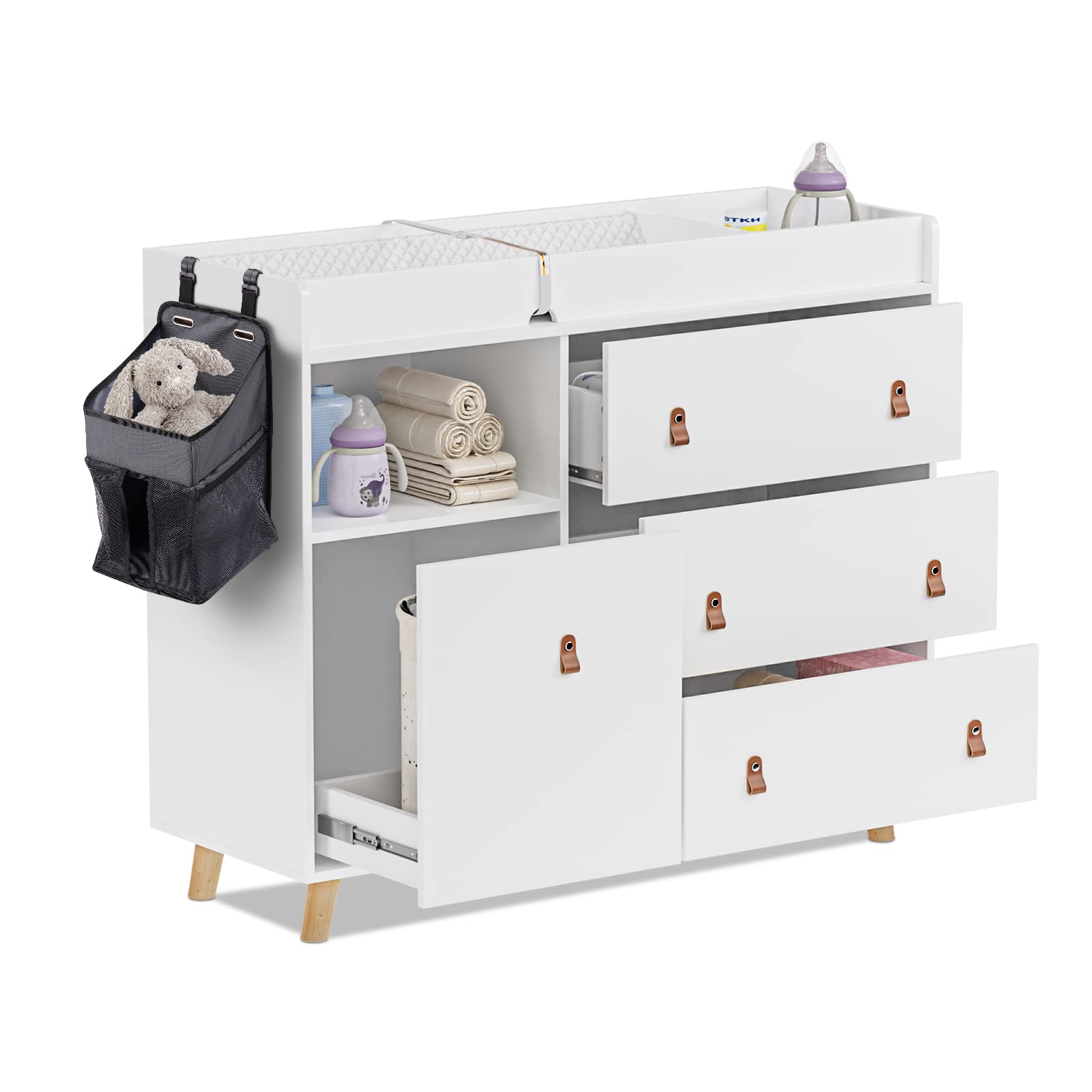 Baby Changing Table Dresser, Modern Nursery Dresser Chest Storage Changing Dresser with 3 Drawers & 1 Shelf, Diaper Changing Pad (White)