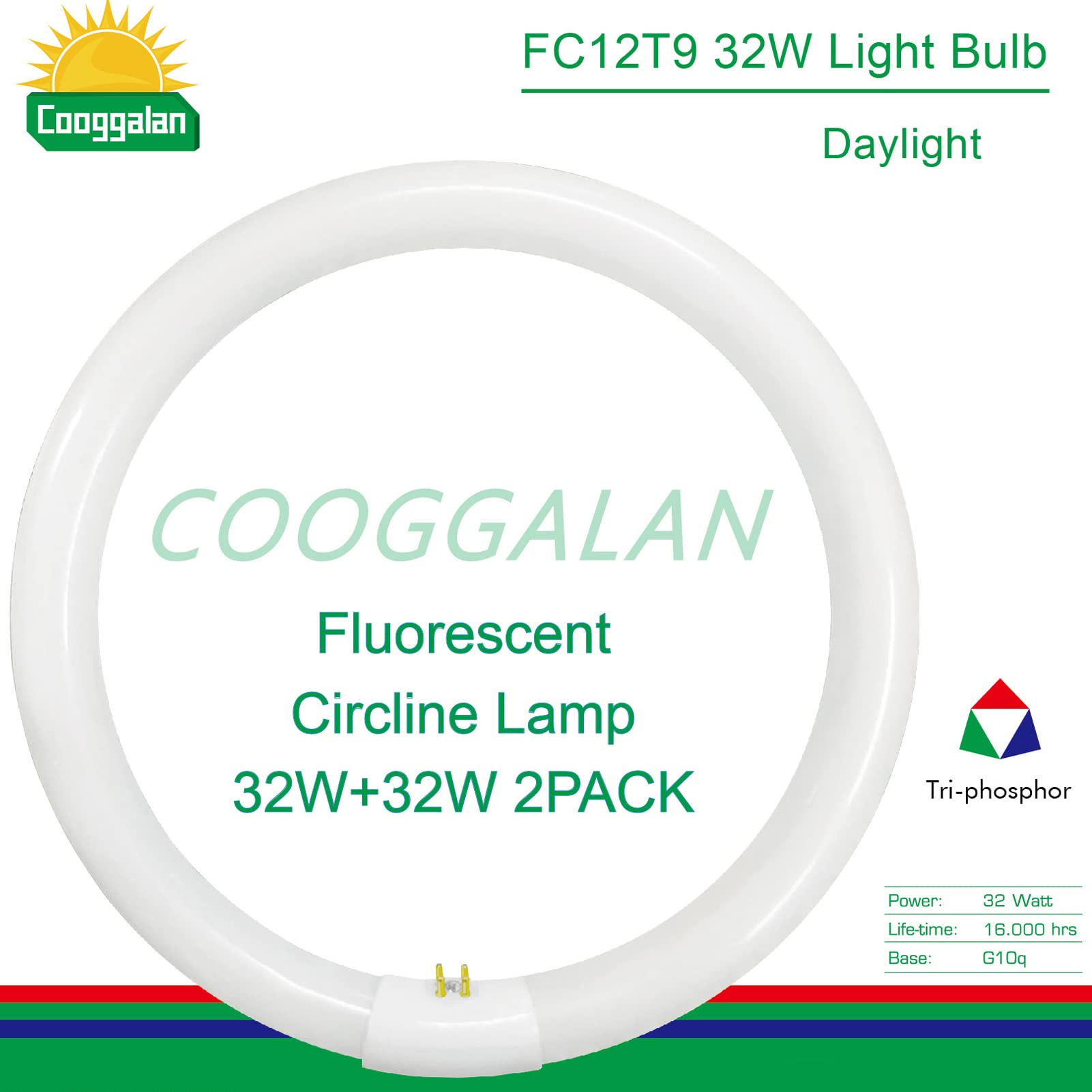 COOGGALAN FC12T9/DX 32W 12 inch T9 Circular Light Bulb Daylight, Round Fluorescent Circline Bulbs FC12 T9 32 Watts Kitchen and Bath, G10q 4 Pin Prong, 6500K, 2 Pack